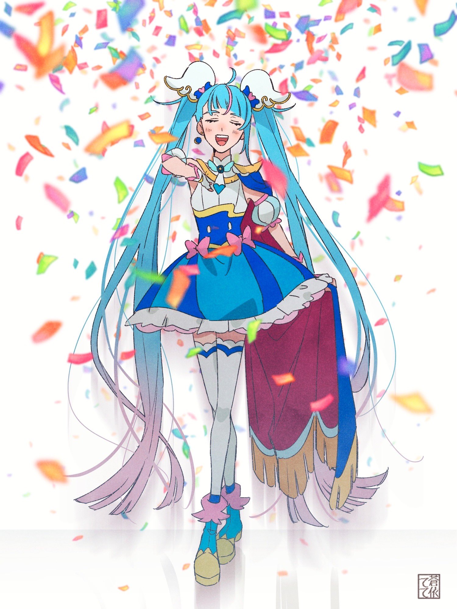 Safebooru - 1girl ankle boots aoi tete artist name blue cape blue dress blue footwear blue hair ...