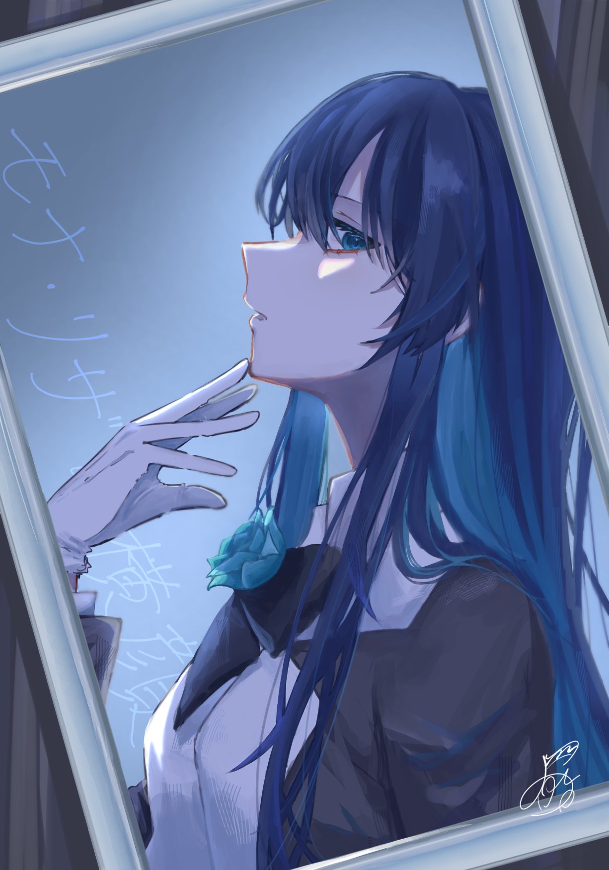 Safebooru - 1girl ado (utaite) black bow black suit blue eyes blue flower blue hair blue rose ...