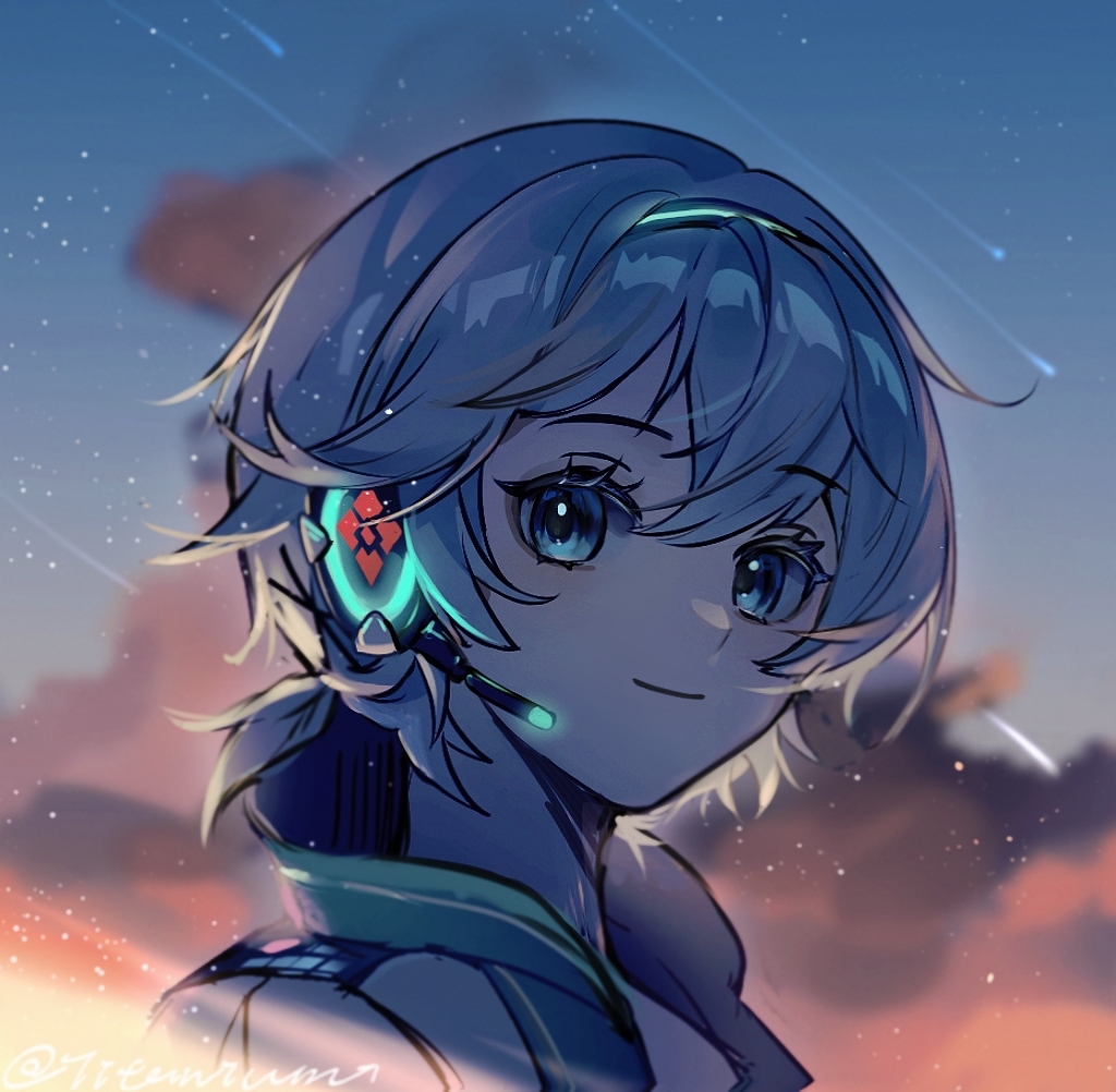 Safebooru - 1girl backlighting blue eyes blue sky closed mouth clouds gradient sky hair between ...