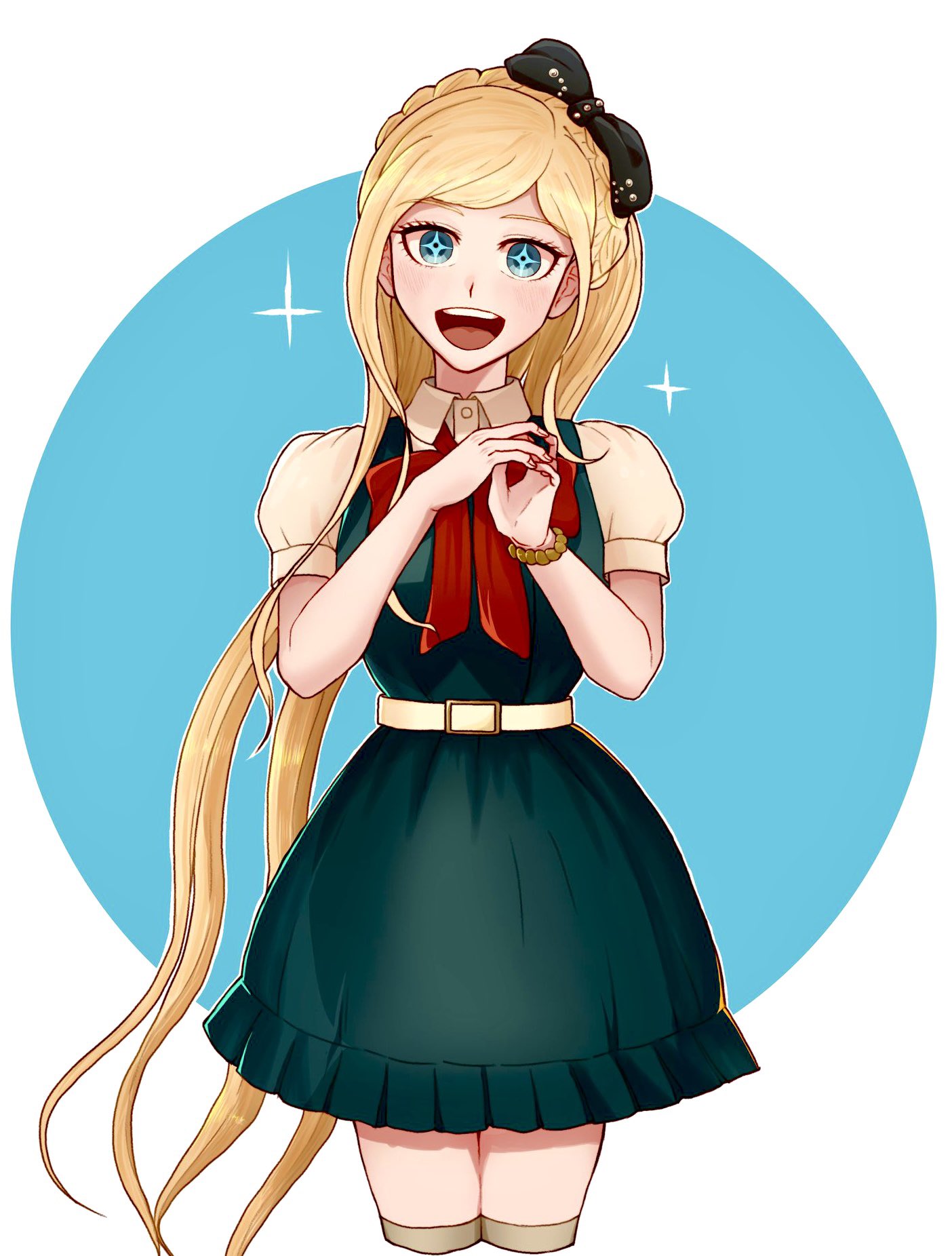 Safebooru - 1girl :d belt black bow blonde hair bow bracelet braid collared shirt cowboy shot ...