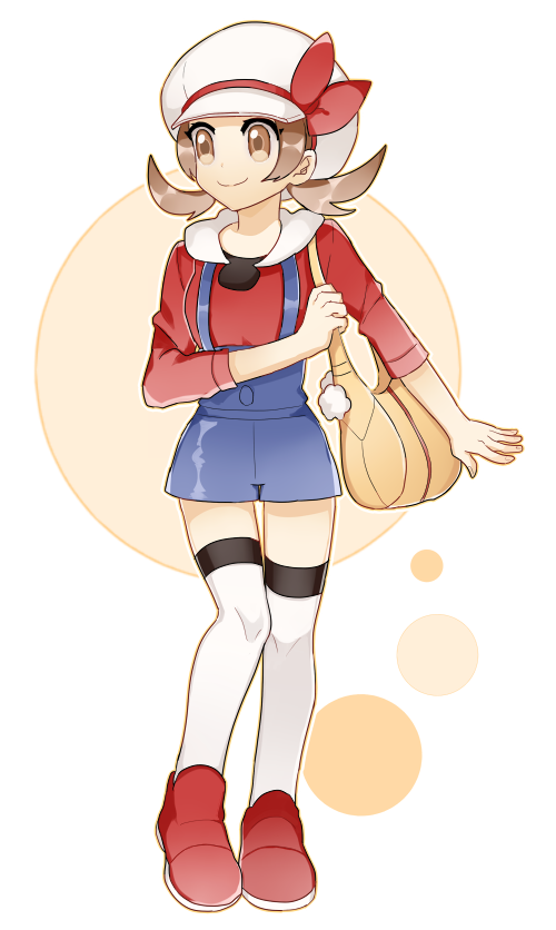 Safebooru - 1girl bag blue overalls brown bag brown eyes brown hair closed mouth full body hat ...