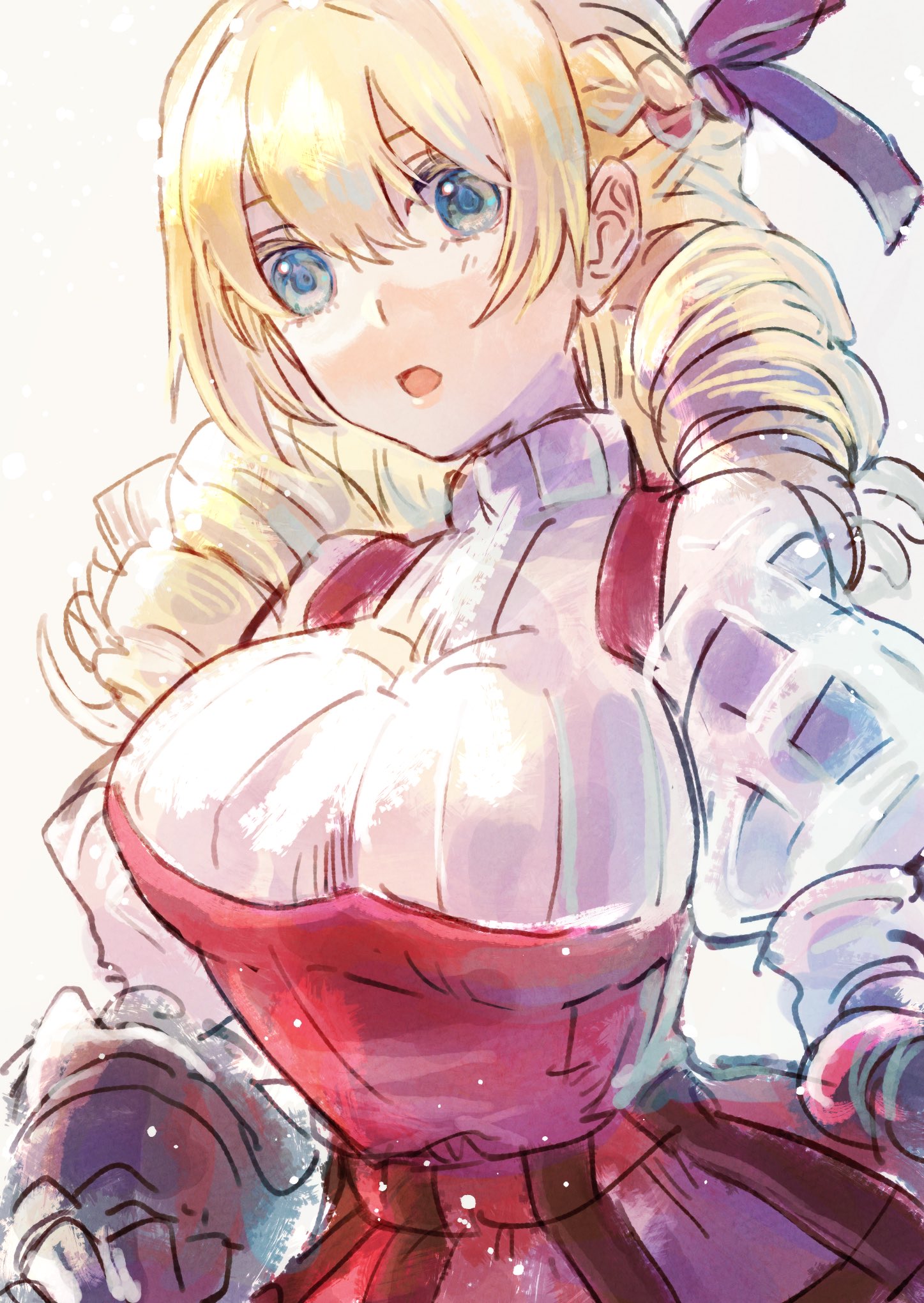 Safebooru - 1girl blonde hair blue eyes breasts cowboy shot dress drill hair gauntlets hair ...