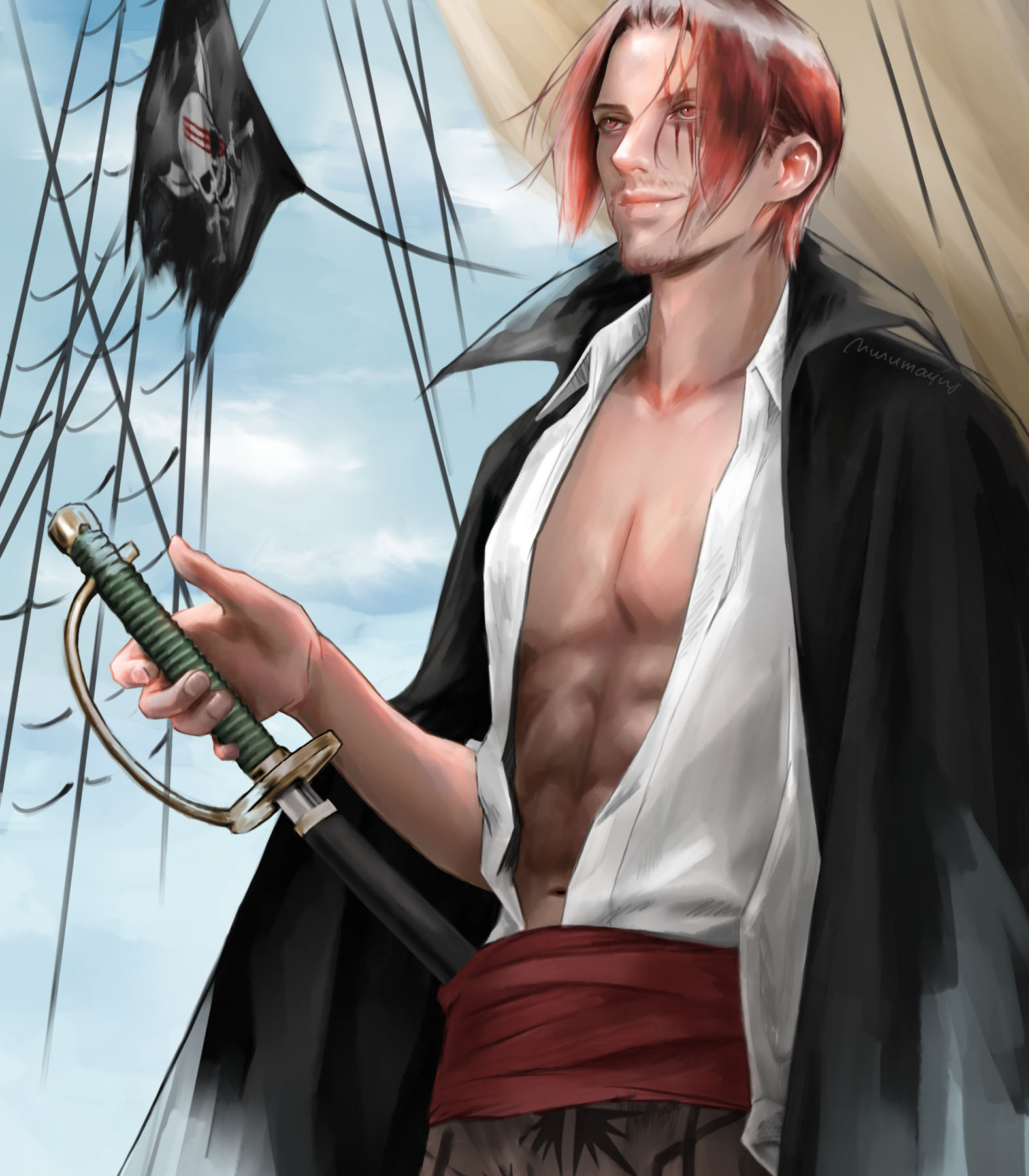 Safebooru - 1boy abs beard stubble black coat clouds cloudy sky coat commentary request english ...