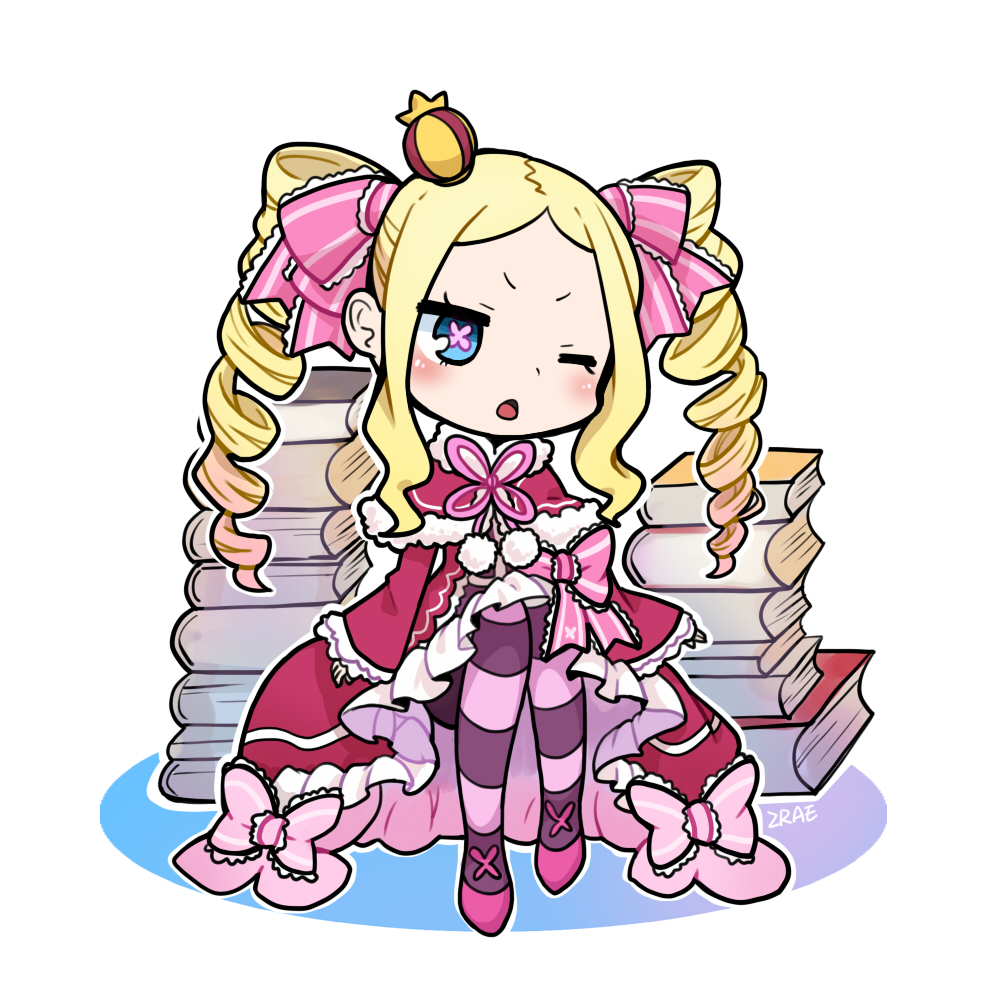 Safebooru - 1girl beatrice (re:zero) blonde hair blue eyes book book stack bow chibi chibi only ...