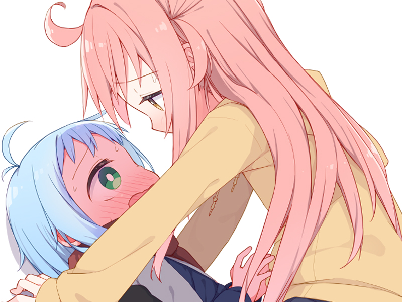 Safebooru - 1boy 1girl ayanepuna blue hair blue shirt blush brown eyes brown hoodie brown scarf ...