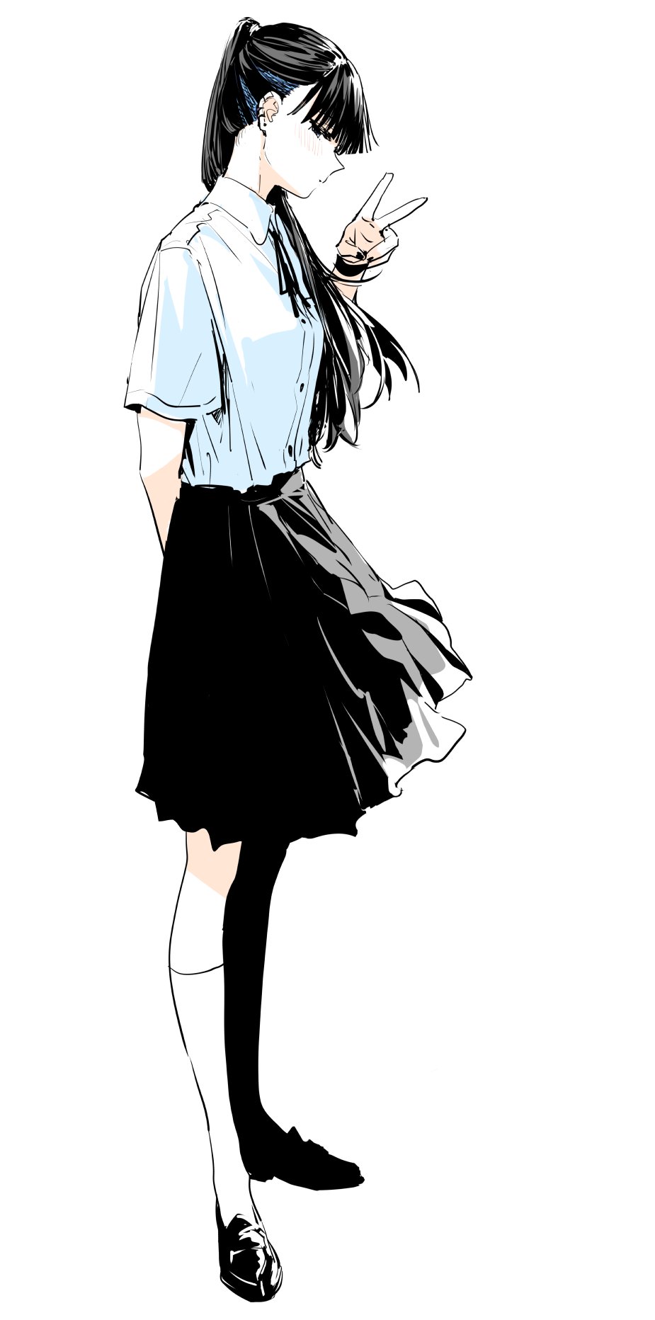 Safebooru - 1girl black footwear black hair black ribbon black shirt black skirt blunt bangs ...