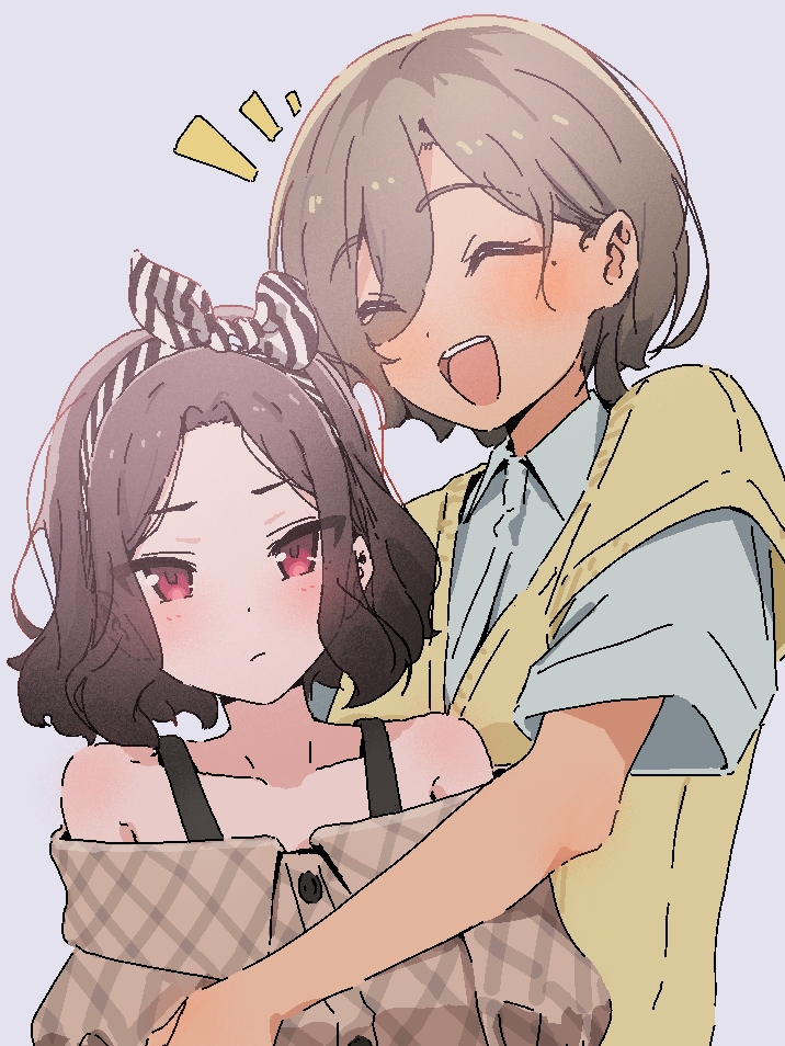 Safebooru - 2girls :/ :d argyle clothes argyle shirt bare shoulders blue shirt blush bow ...