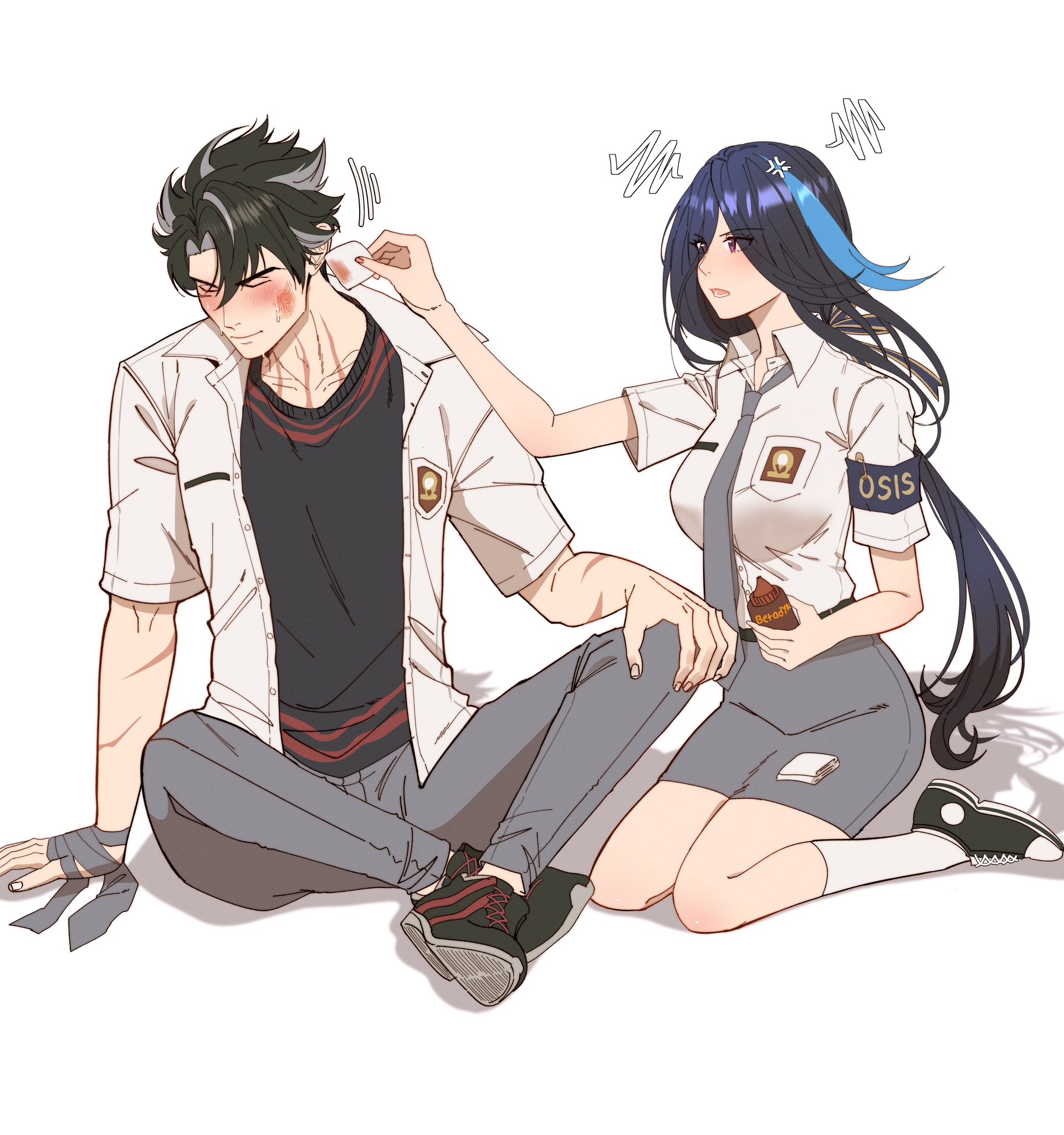 Safebooru - 1boy 1girl anger vein armband black hair blood blood on face blue hair blue necktie ...