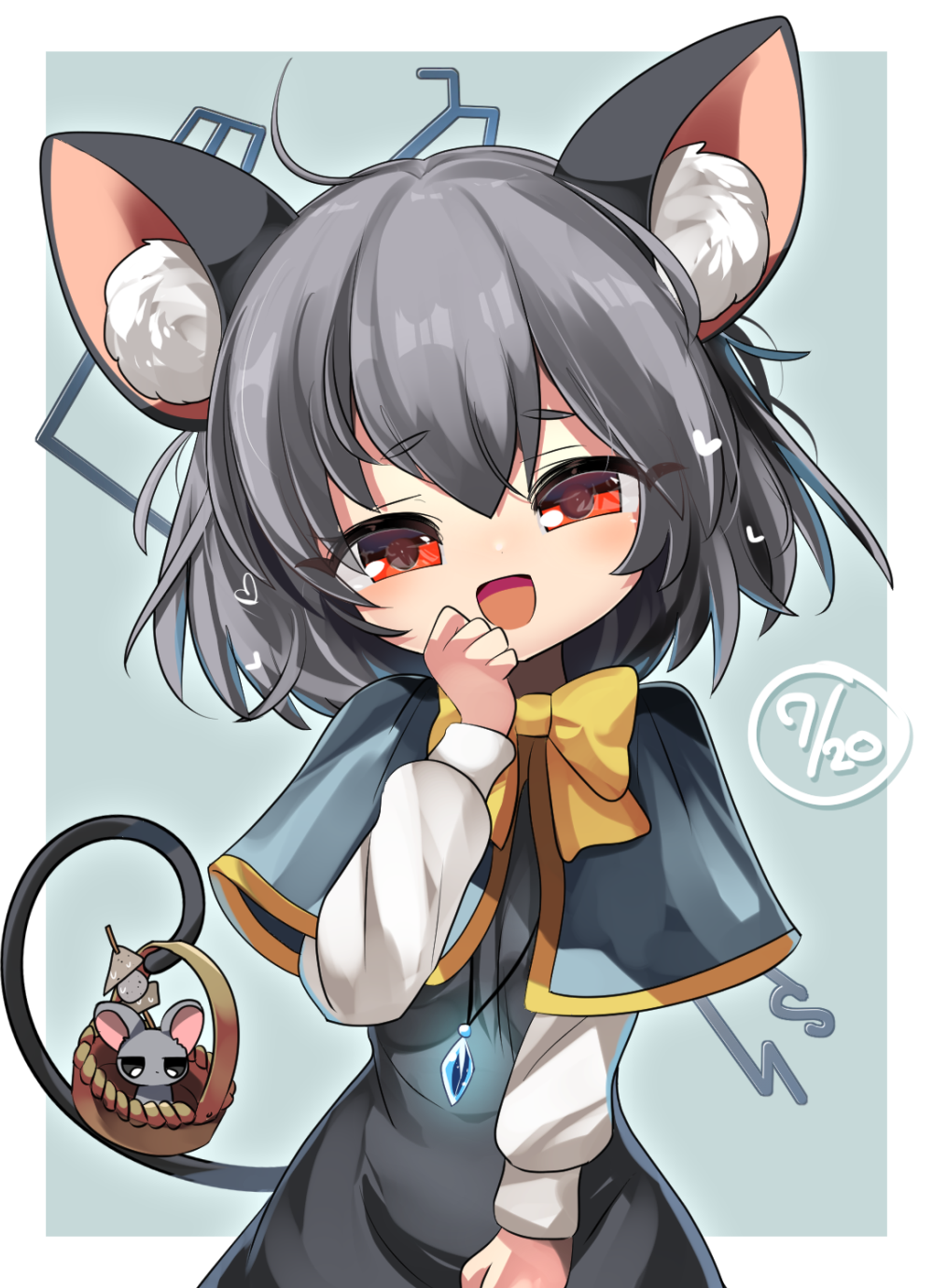 Safebooru - 1girl animal ears basket bishamonten's pagoda blue background blue capelet blush bow ...