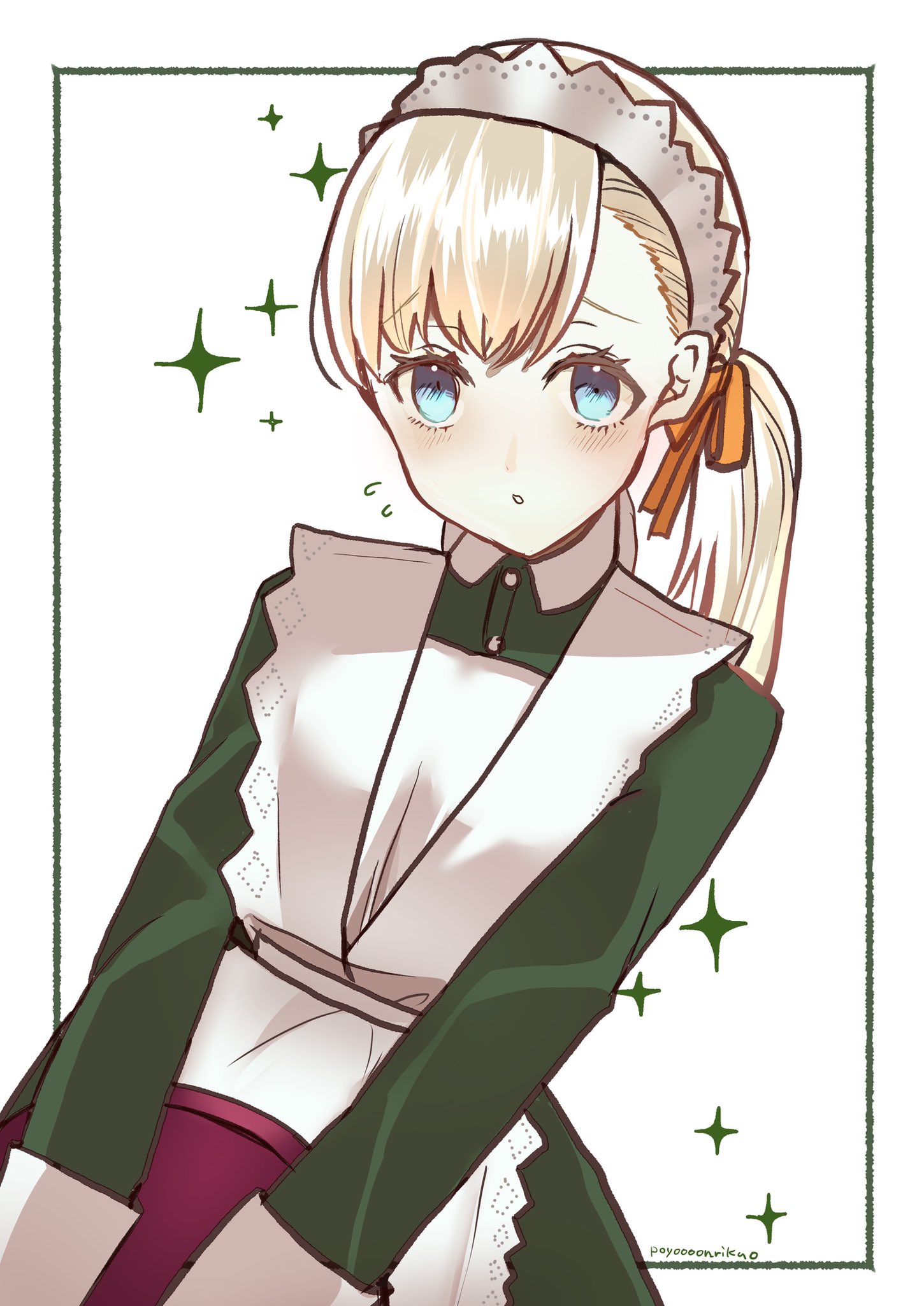 Safebooru - 1girl apron blonde hair blue eyes cowboy shot dress green dress hair ribbon highres ...