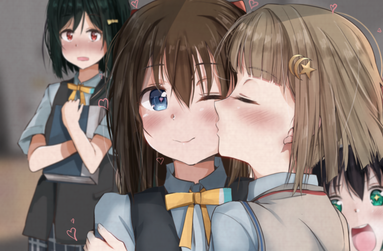 Safebooru - 4girls ;) black hair black vest blue eyes blue shirt blush bob cut book brown hair ...