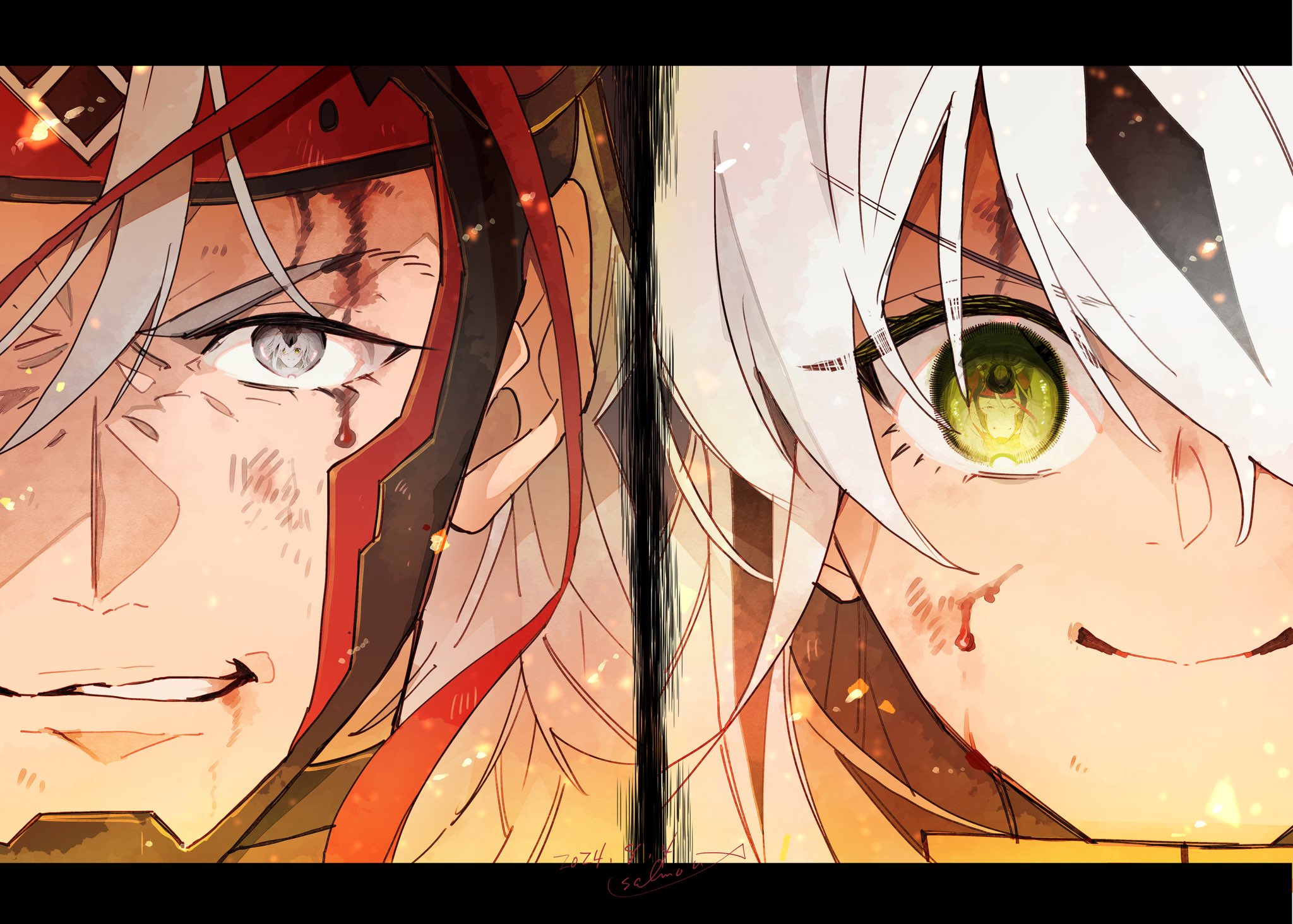 Safebooru - 1boy 1girl armor black hair bleeding from forehead blood blood on face eye ...