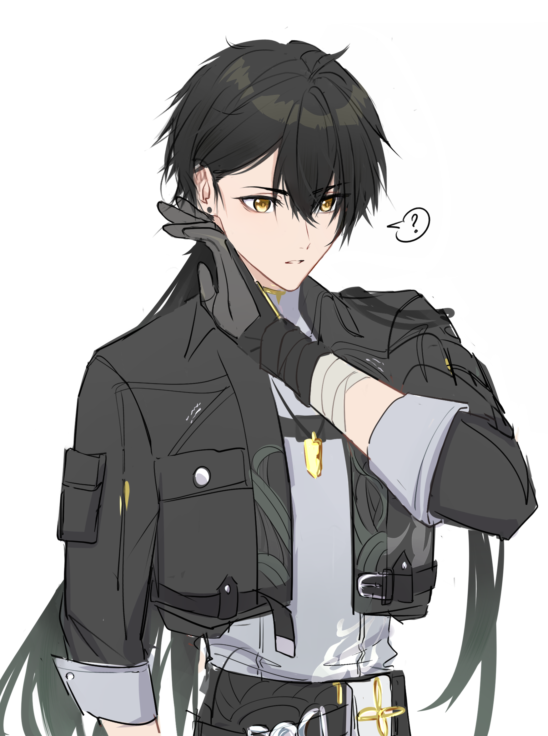 Safebooru - 1boy ? adjusting hair bandaged wrist bandages black gloves black hair black jacket ...