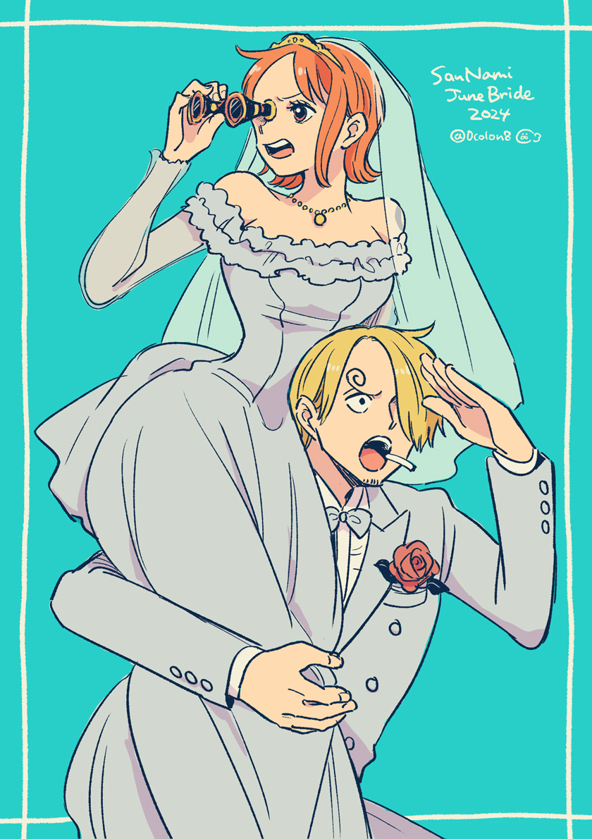 Safebooru - 1boy 1girl blue background bridal veil carrying carrying ...