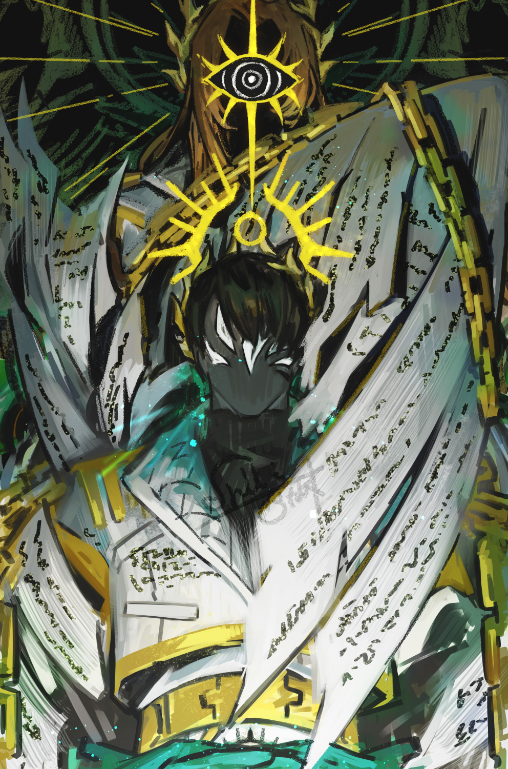 Safebooru - 1boy 1girl aqua gloves belt black hair brown hair chain ...