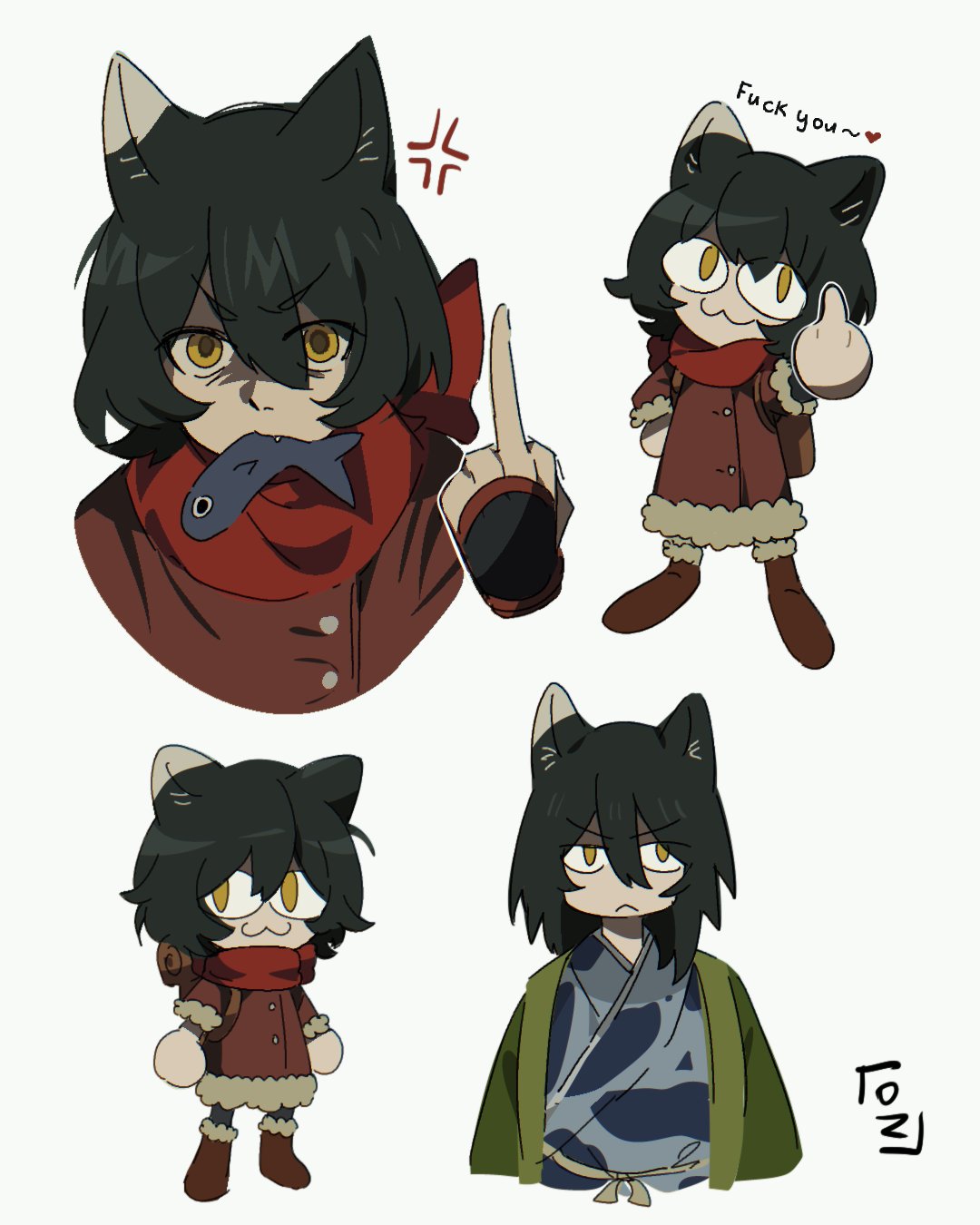 Safebooru - 1girl anger vein animal ears black hair blue kimono cat ears cat girl cat tail coat ...