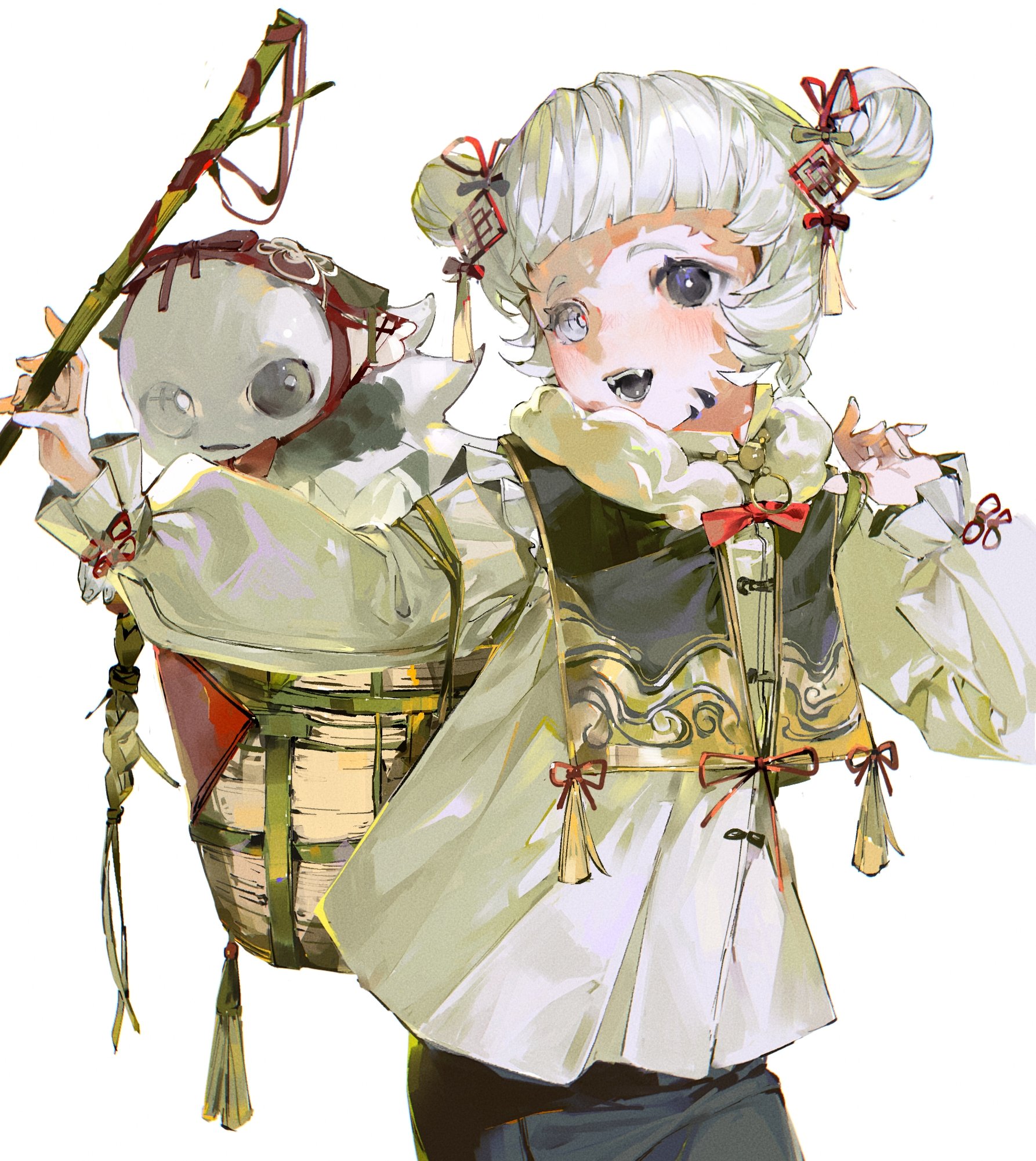 Safebooru - 1girl 1other baifeidaiwang basket black eyes black pants ...