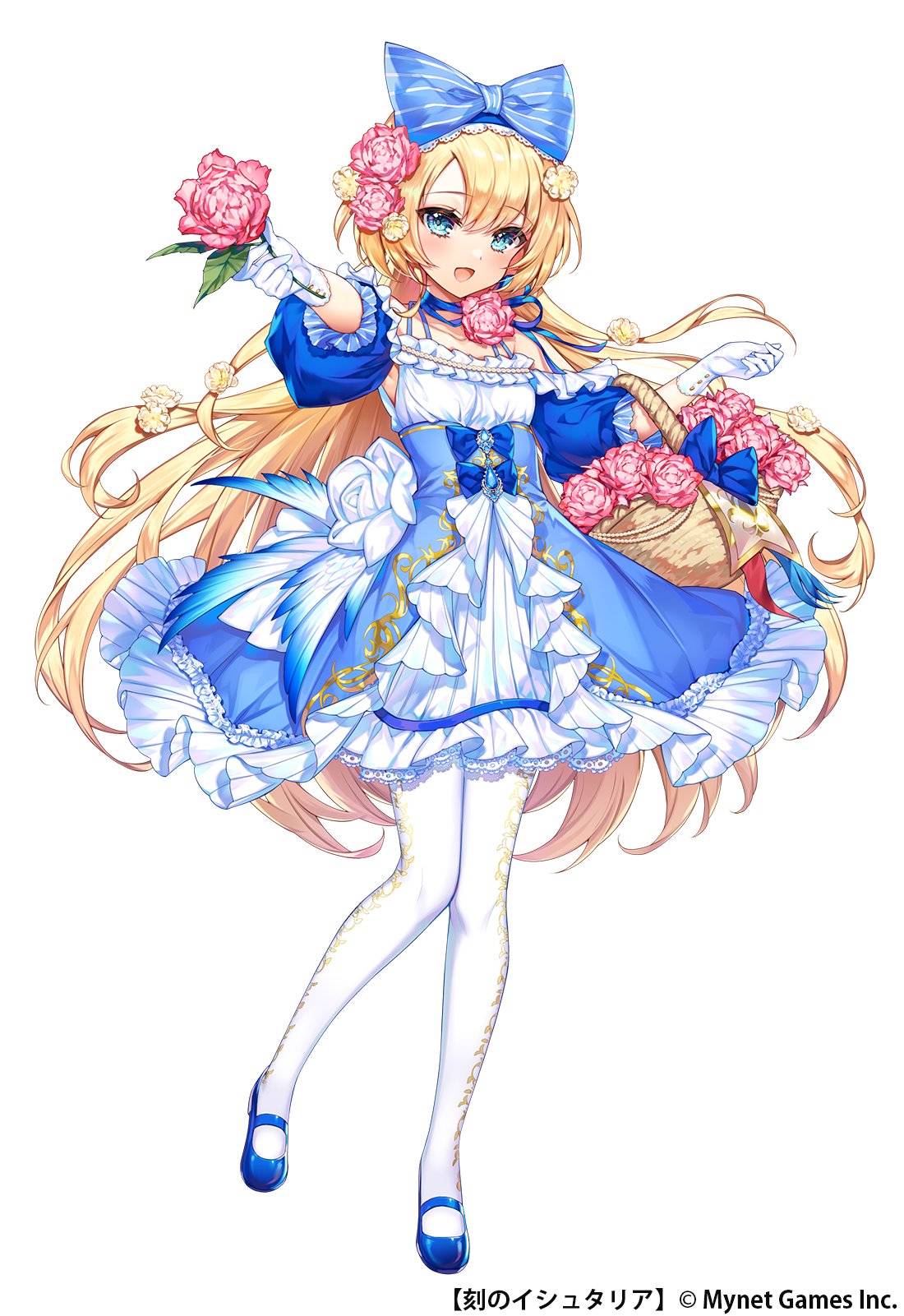 Safebooru - 1girl :d age of ishtaria bare shoulders basket blonde hair blue bow blue eyes blue ...