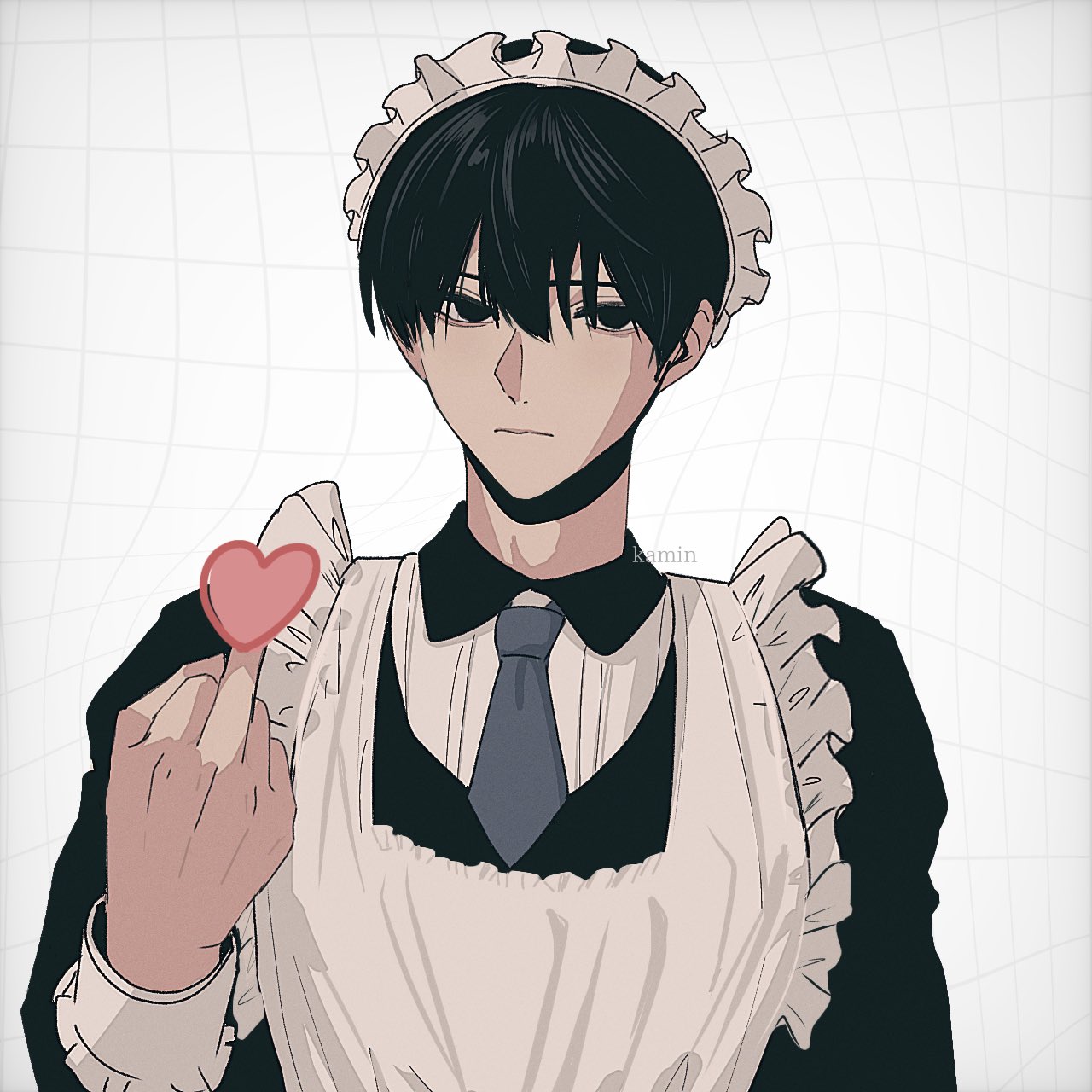 Safebooru - 1boy apron black eyes black hair black shirt blue necktie closed mouth collared ...