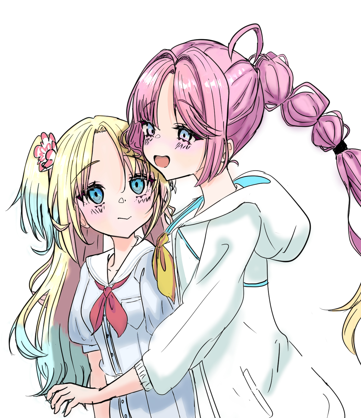 Safebooru - 2girls :> ahoge anyoji hime black ribbon blonde hair blue ...