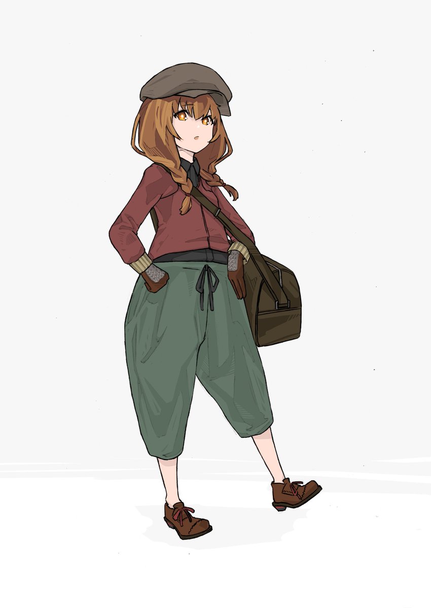 Safebooru - 1girl bad id bad twitter id bag baggy pants black shirt braided twintails brown eyes ...