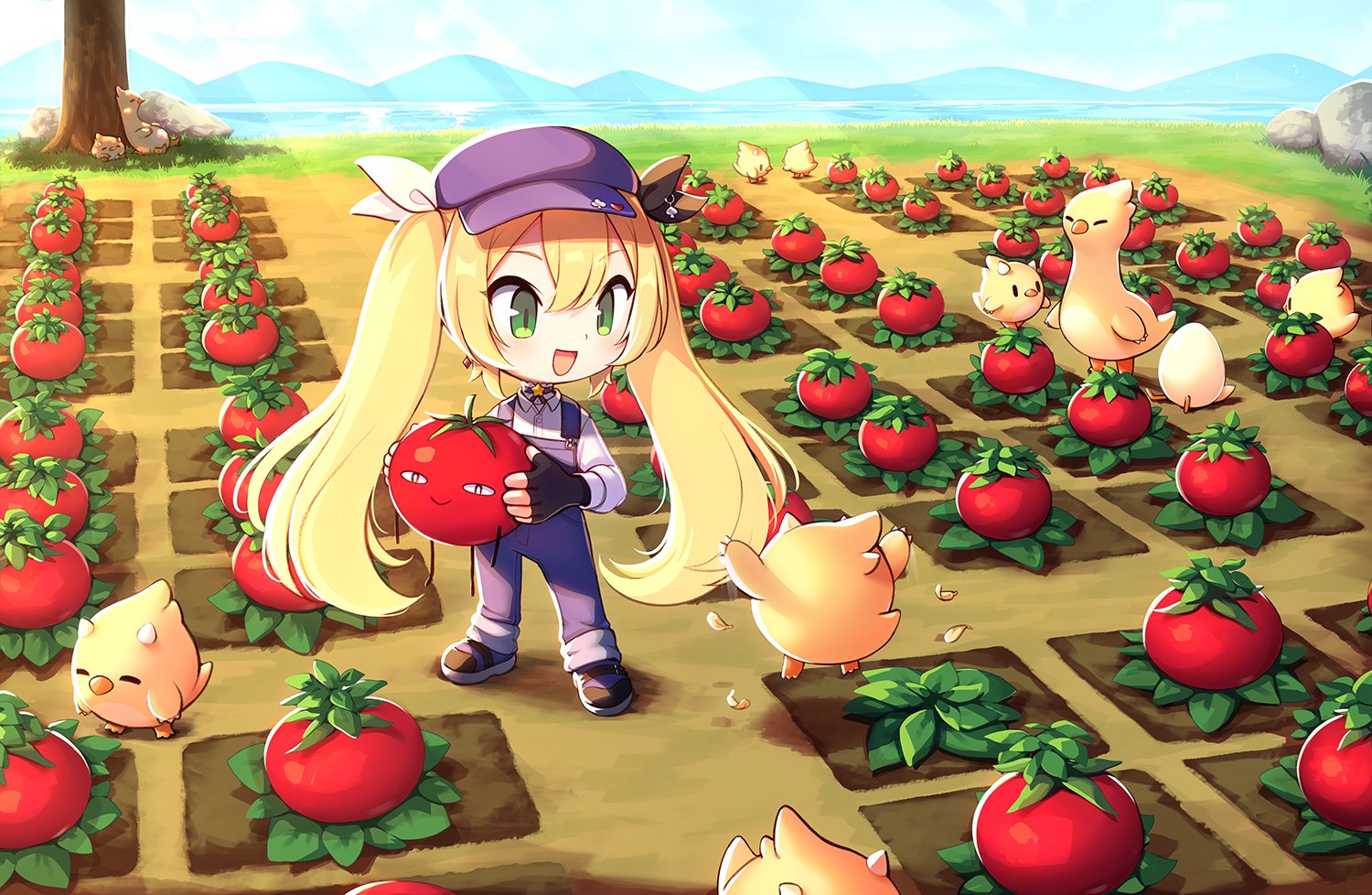 Safebooru - 1girl :d alternate costume blonde hair blue hat blue overalls chibi day dokibird ...