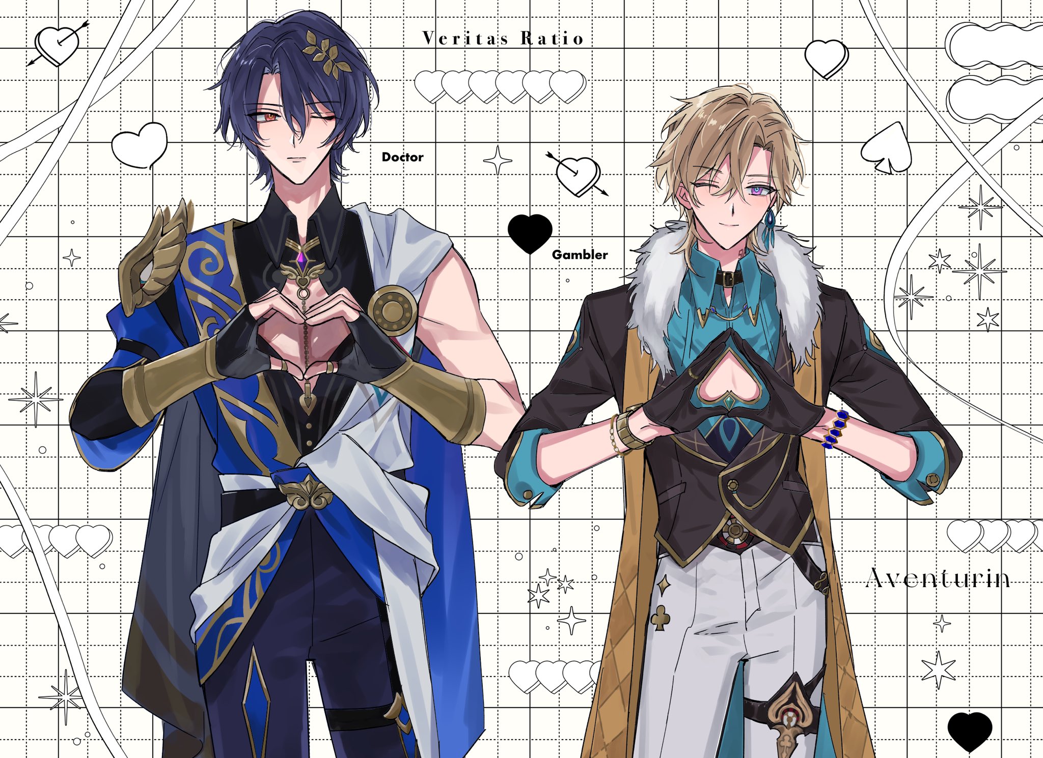 Safebooru - 2boys amethgyst aqua shirt aventurine (honkai: star rail) belt collar black coat ...