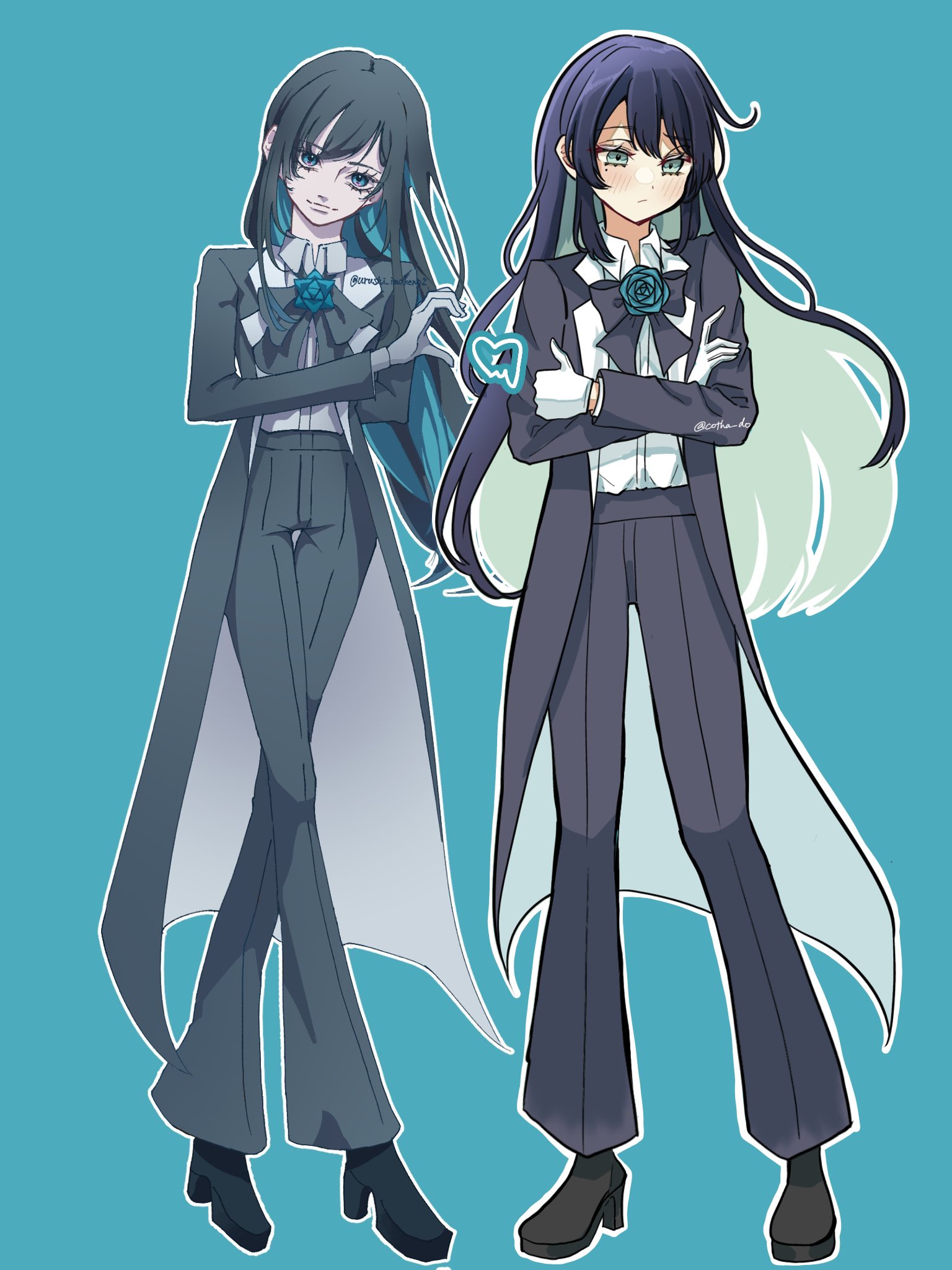 Safebooru - 2girls ado (utaite) black bow black bowtie black coat black hair black pants blue ...