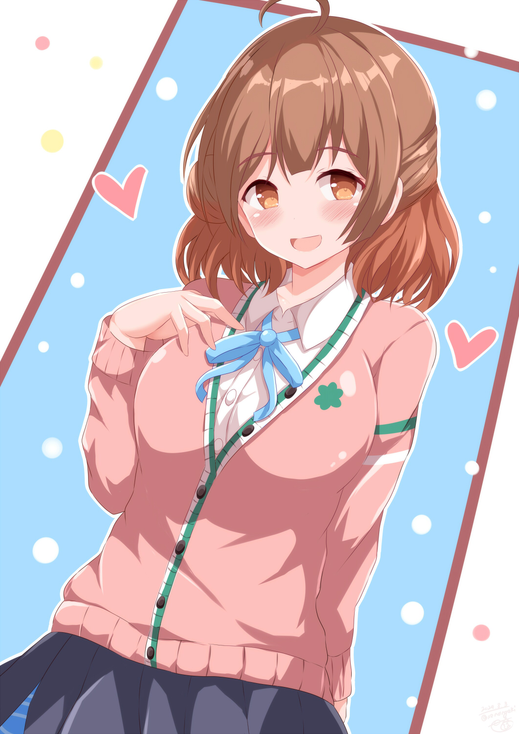 Safebooru - 1girl :d ahoge black skirt blue ribbon blush breasts brown eyes brown hair cardigan ...