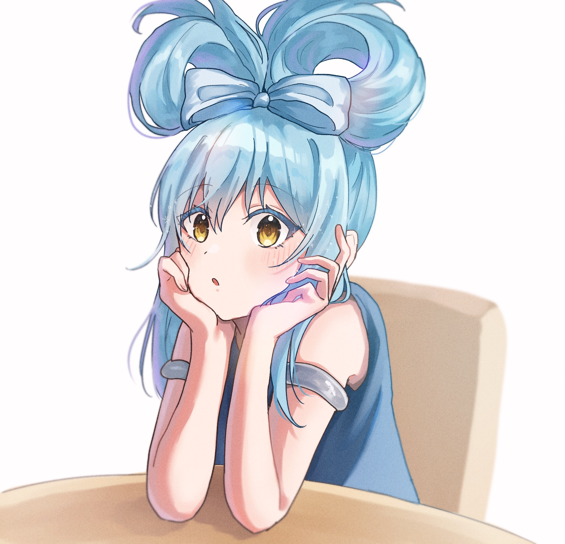 Safebooru - 1girl :o armband blue bow blue hair blue shirt blush bow chocoeiru commentary ...