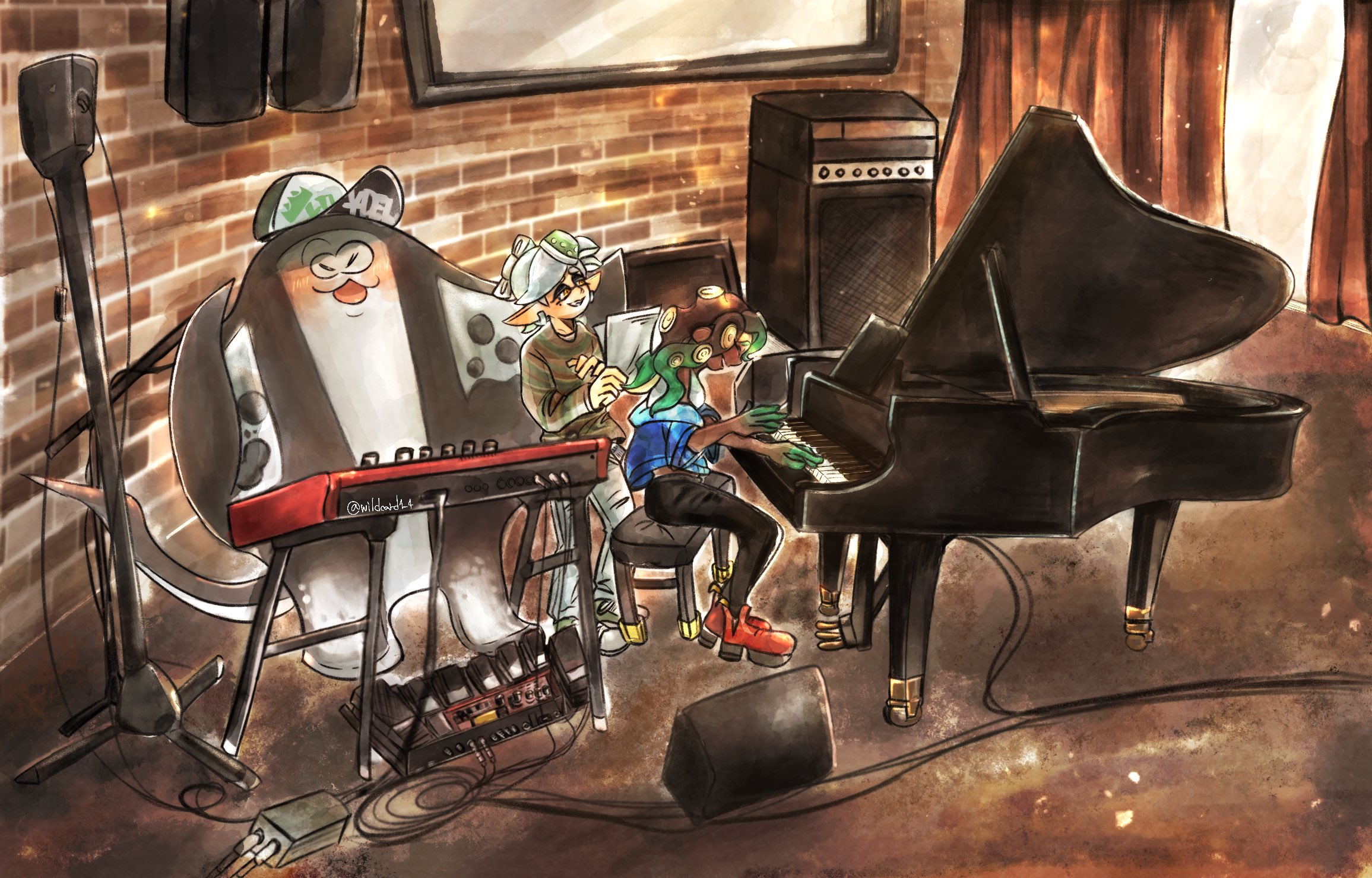 Safebooru - 1boy 2girls big man (splatoon) black hair black pants black ...