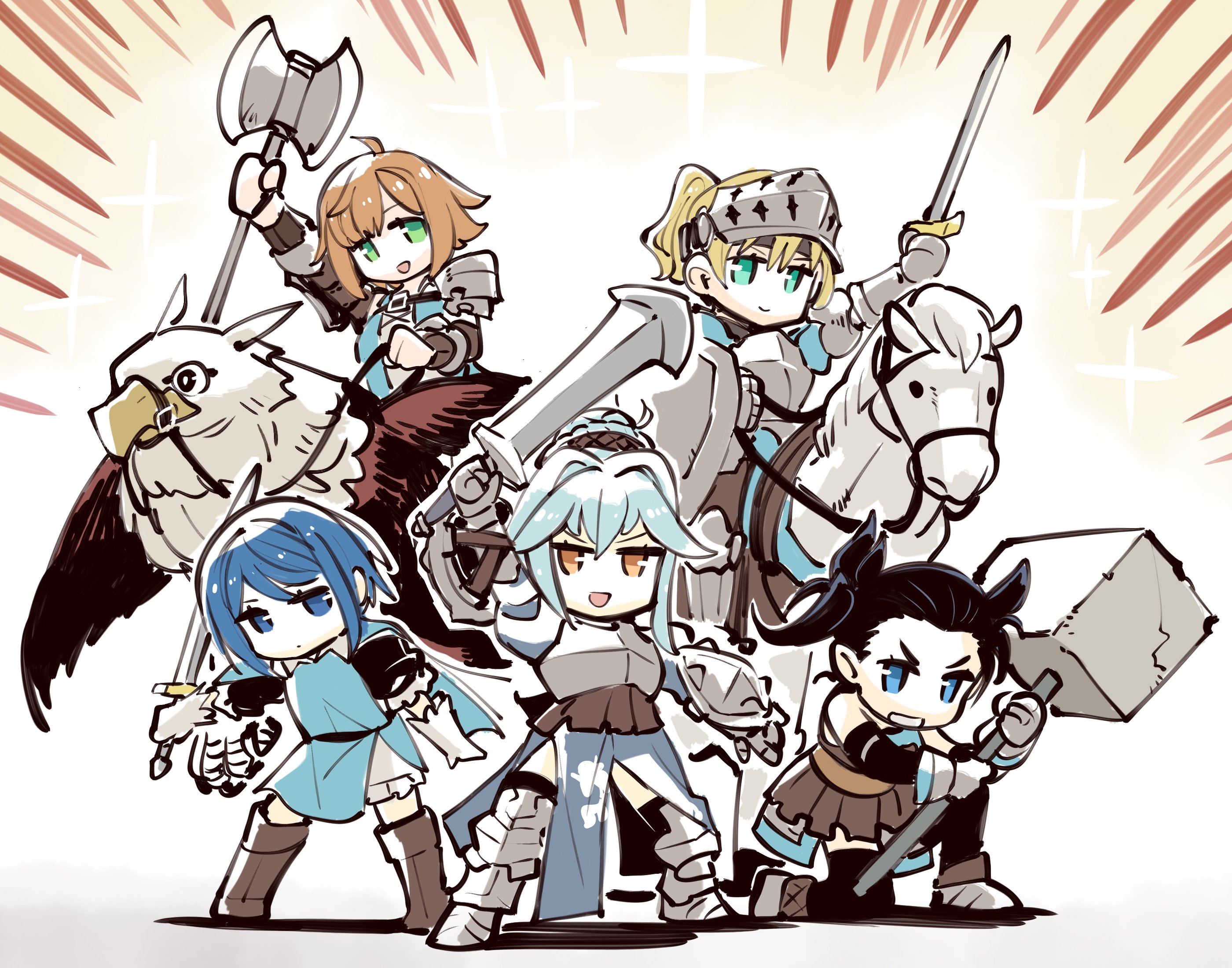 Safebooru - 5girls arm up armor axe black hair black thighhighs blonde hair blue cape blue dress ...