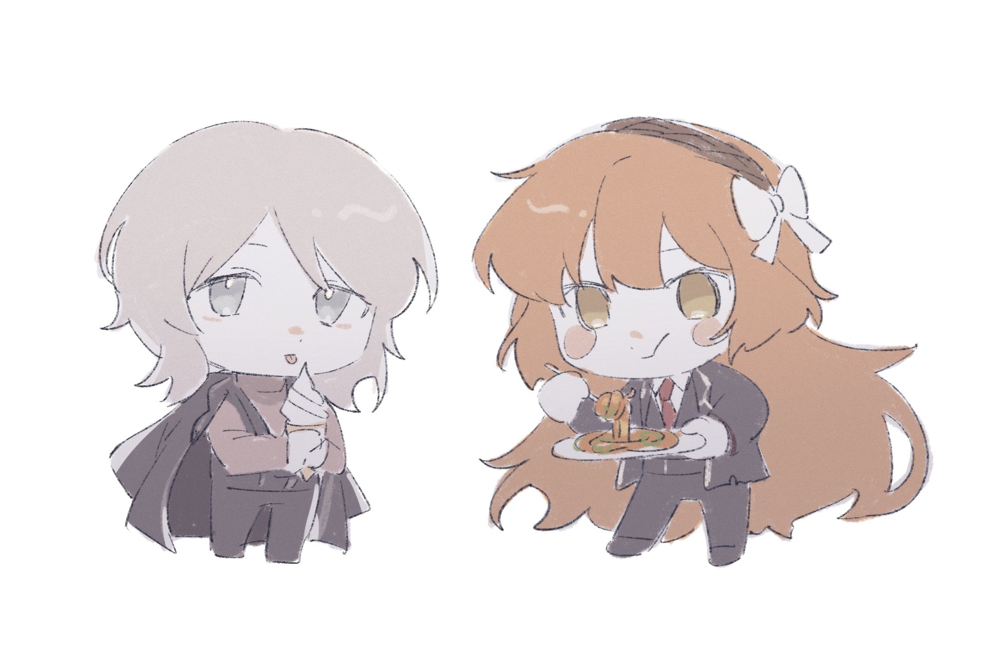 Safebooru - 2girls black jacket black pants blue eyes bow brown ...