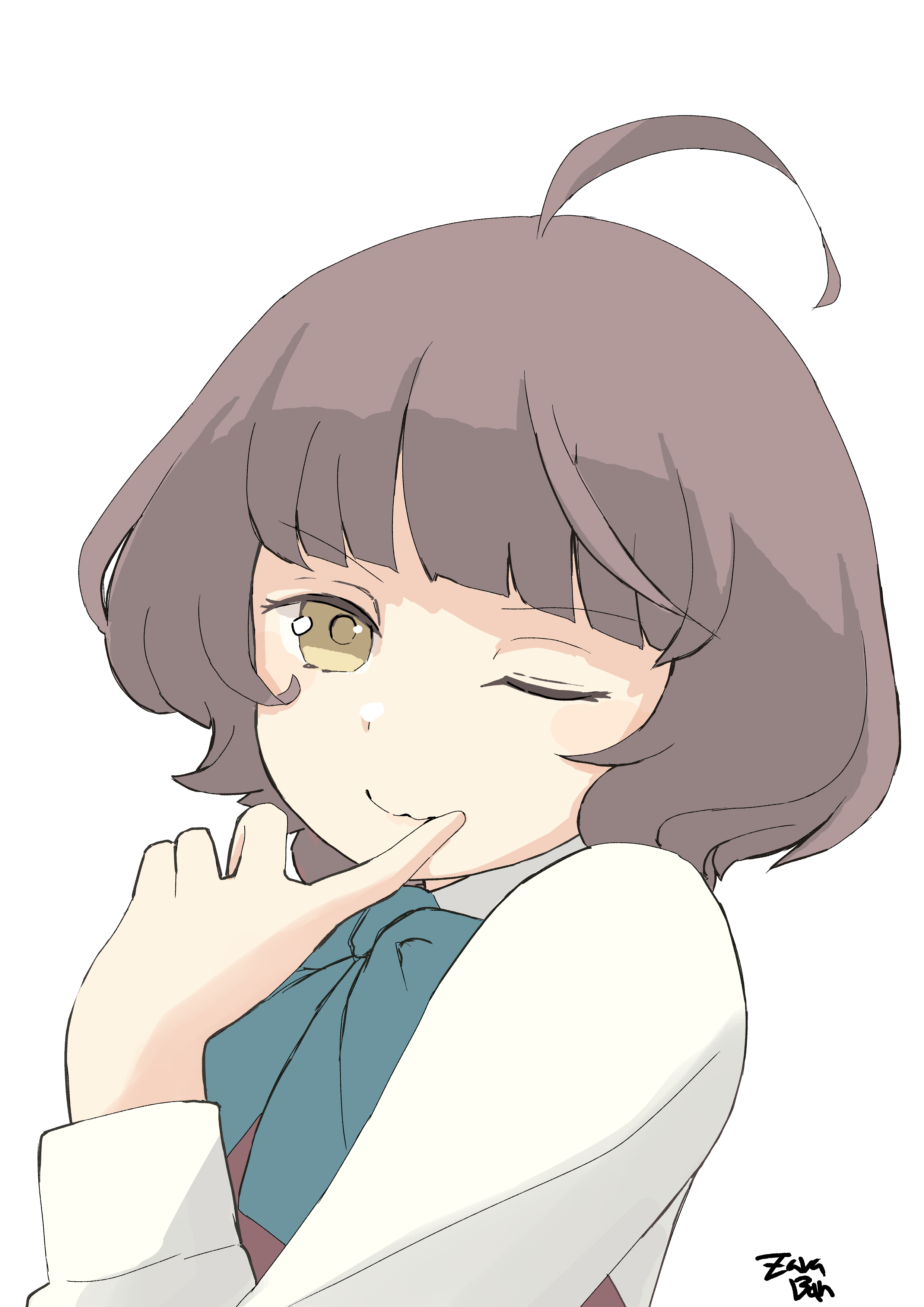 Safebooru - 1girl absurdres ahoge aqua bow aqua bowtie blunt bangs bow bowtie brown eyes brown ...