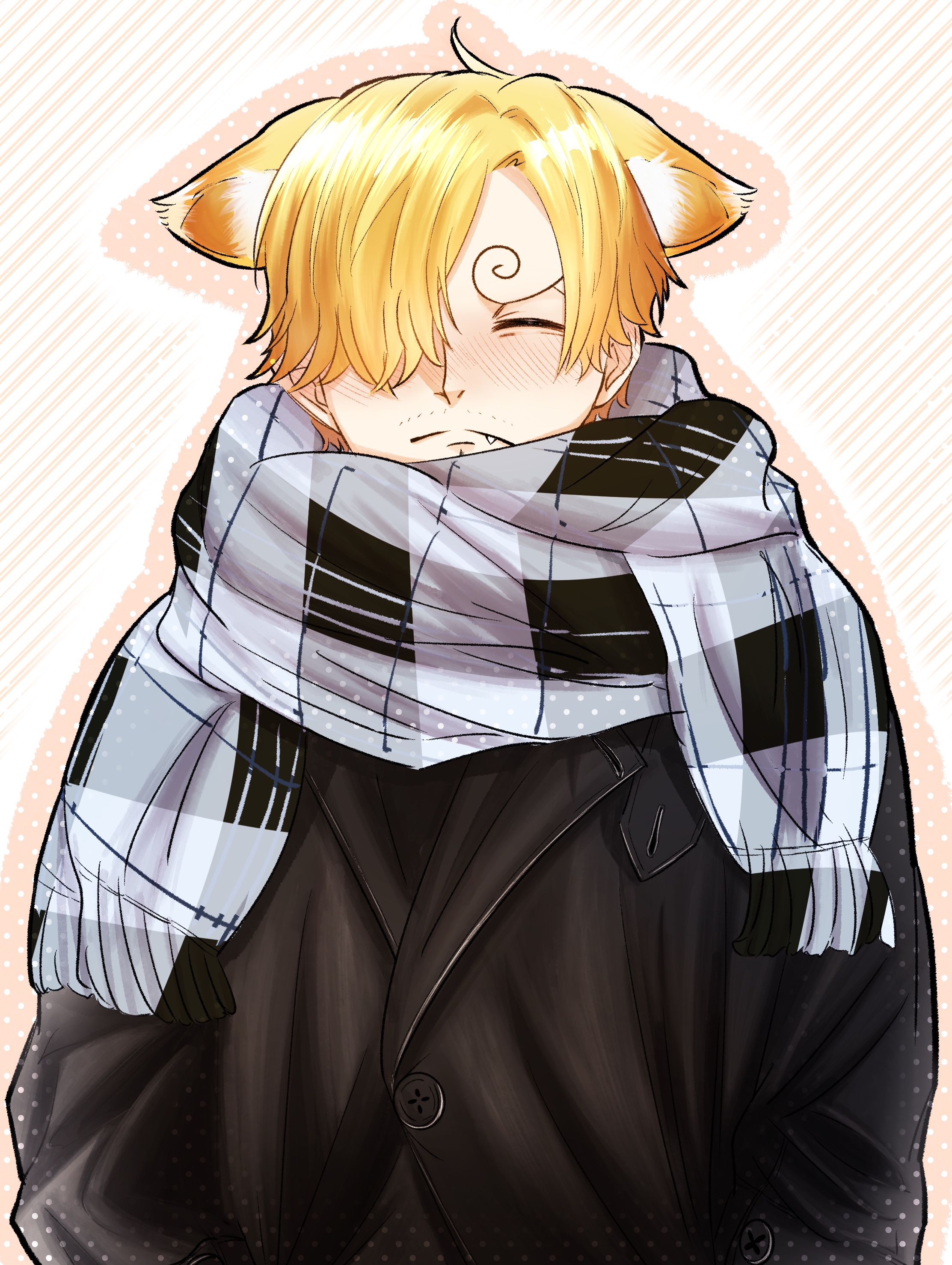 Safebooru - 1boy absurdres animal ear fluff animal ears black coat blonde hair blush closed eyes ...