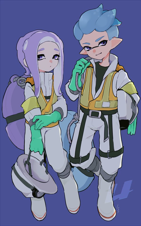 Safebooru - 1boy 1girl aqua gloves blue background blue hair boots ...