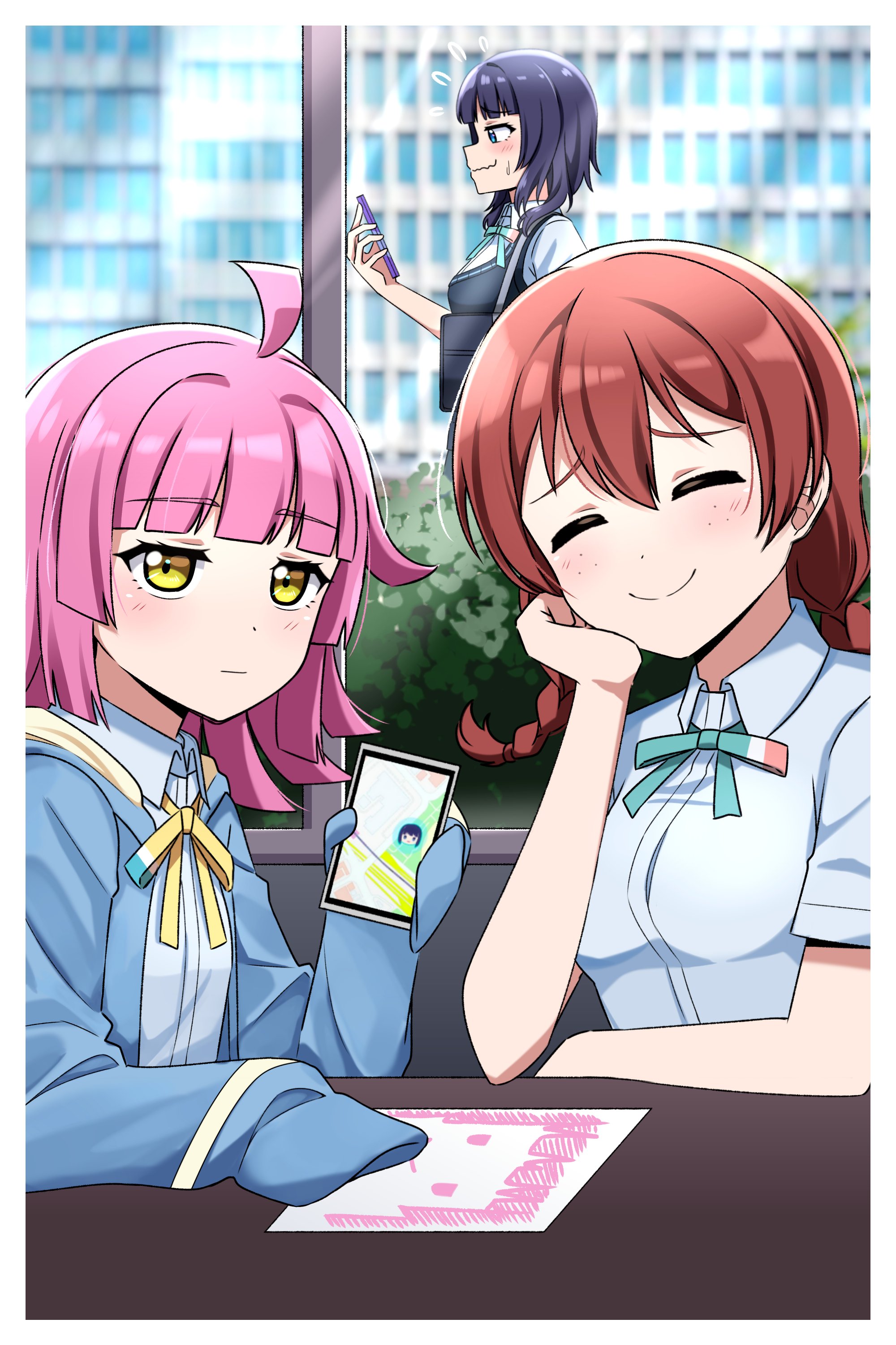 Safebooru - 3girls :> :| absurdres ahoge arm on table asaka karin being lost blue eyes blue hair ...