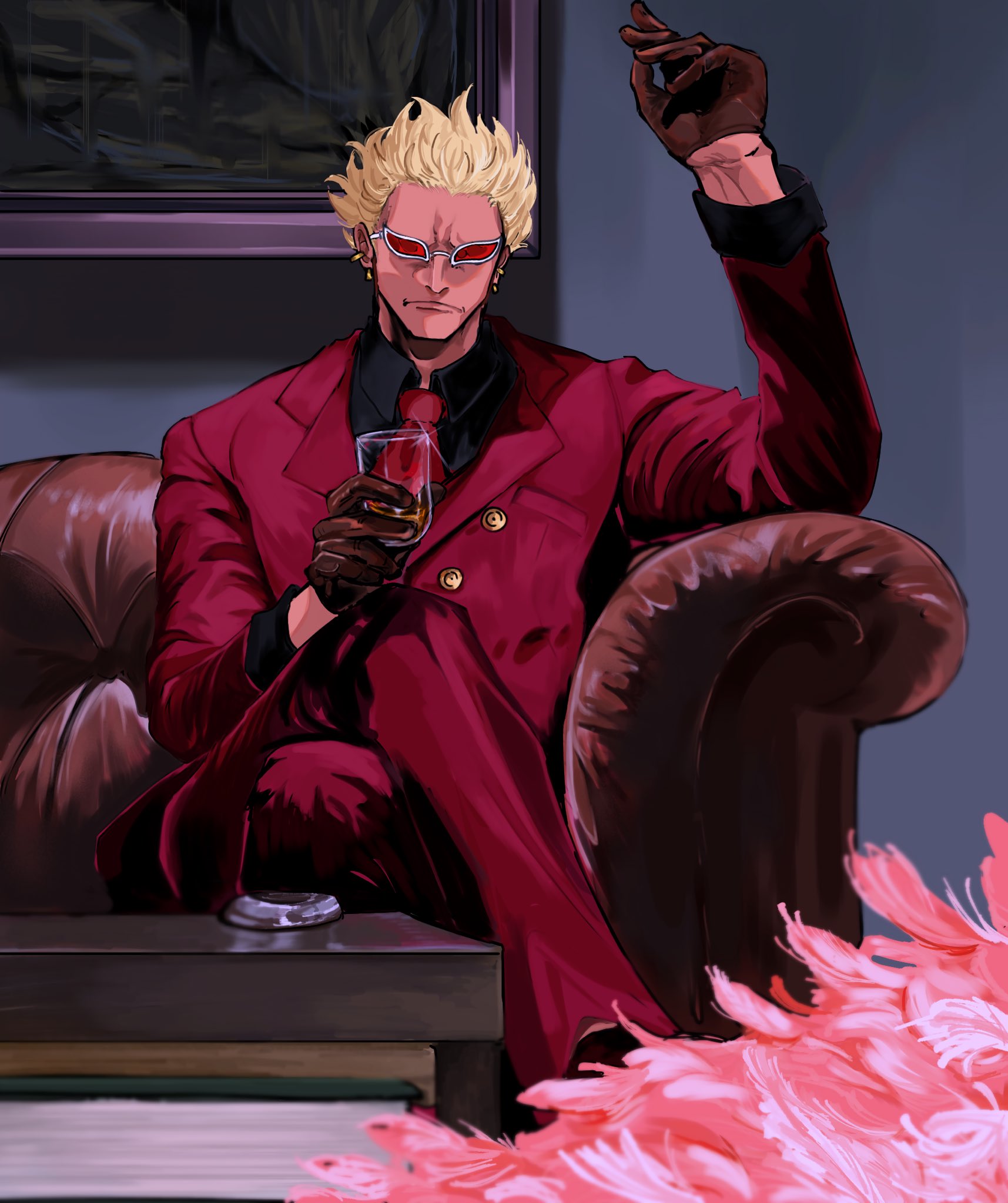 Safebooru - 1boy arm up ashtray black shirt blonde hair brown gloves ...