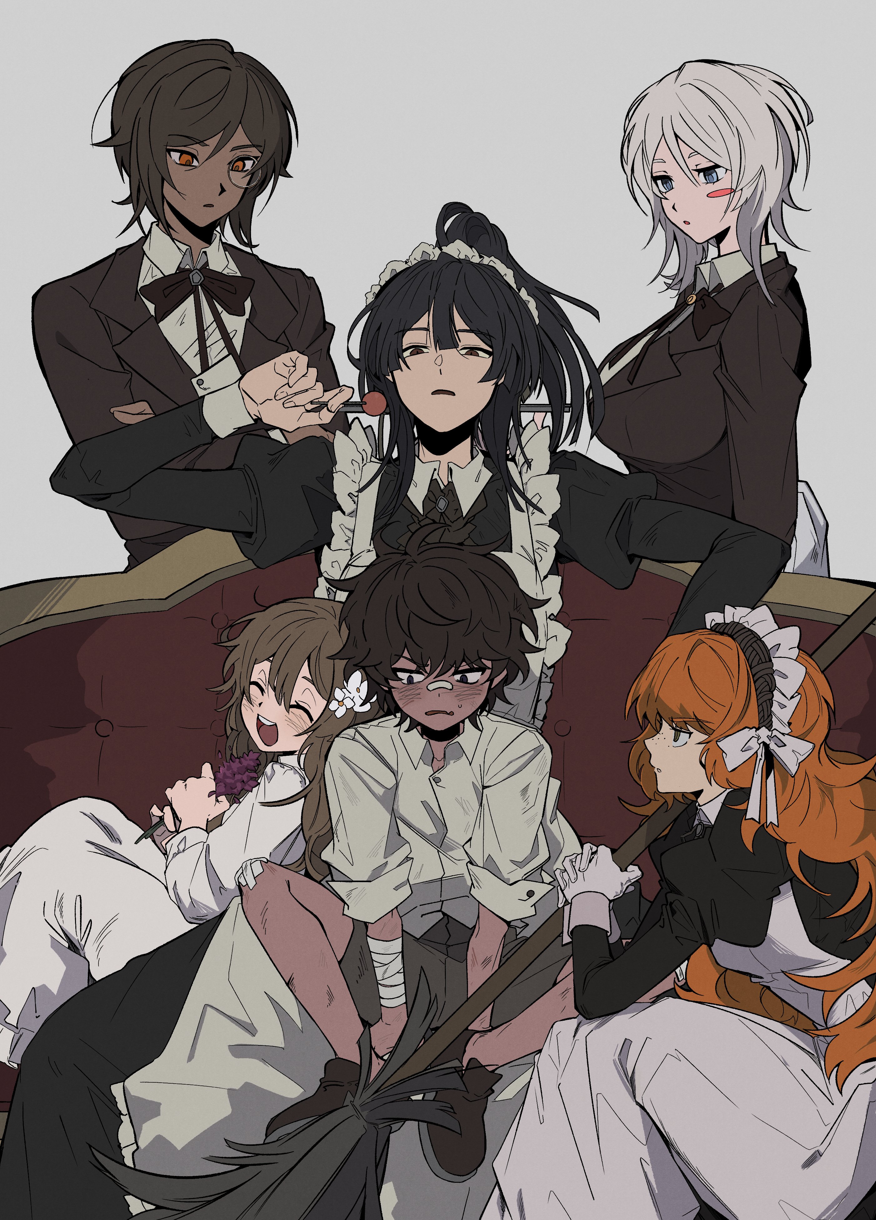 Safebooru - 1boy 5girls absurdres apron bandage on knee bandaged arm bandages bandaid bandaid on ...