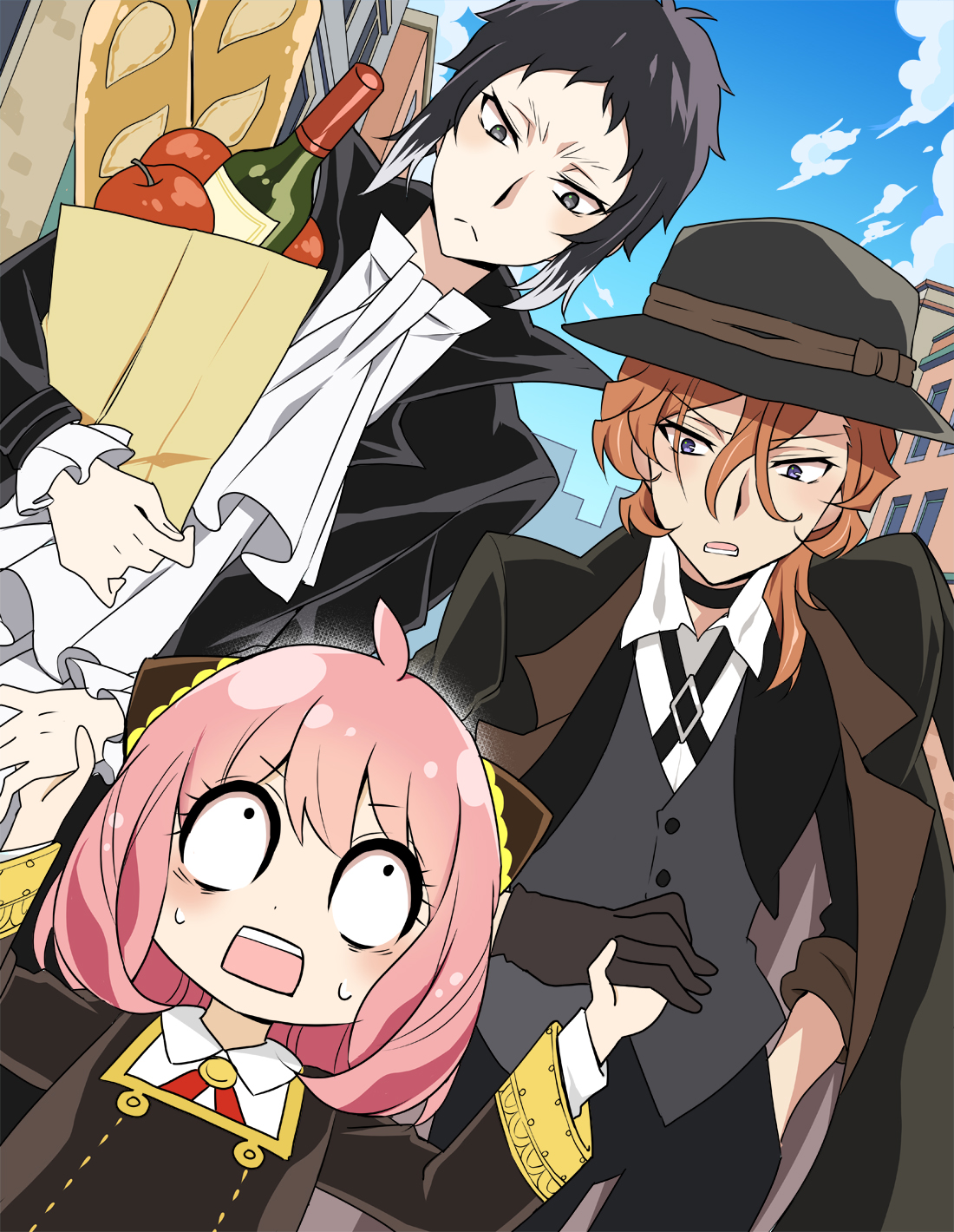Safebooru - 1girl 2boys akutagawa ryuunosuke (bungou stray dogs) alcohol anya (spy x family ...