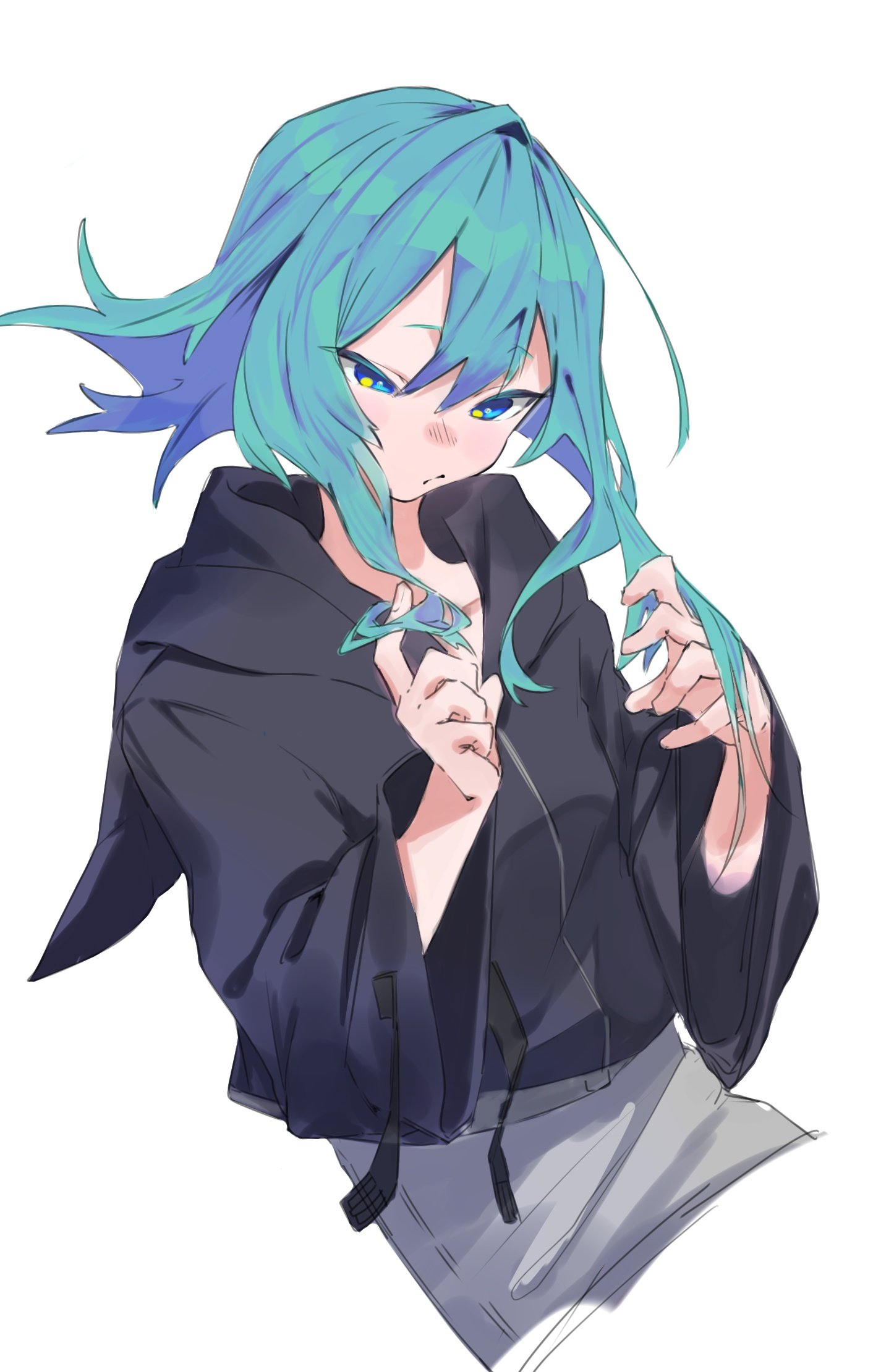 Safebooru - 1girl aqua hair black jacket blue eyes blue hair closed mouth cropped torso hair ...