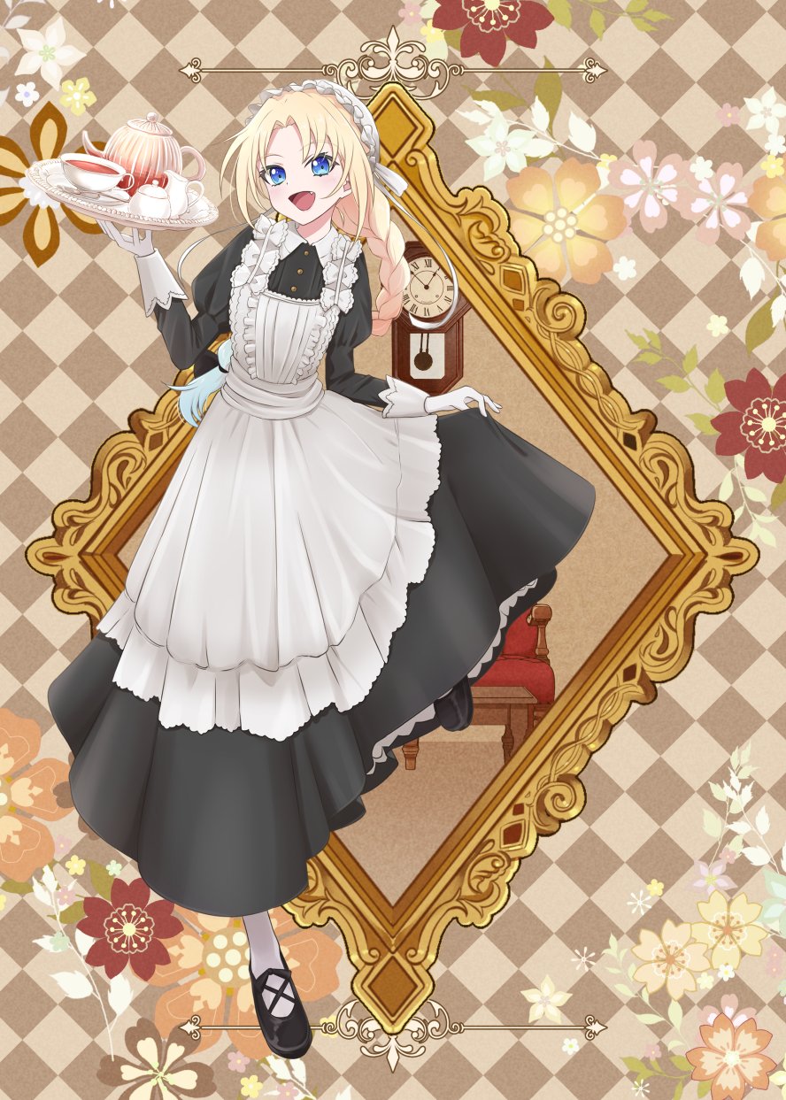 Safebooru - 1girl :d alternate costume apron black dress black footwear blonde hair blue eyes ...