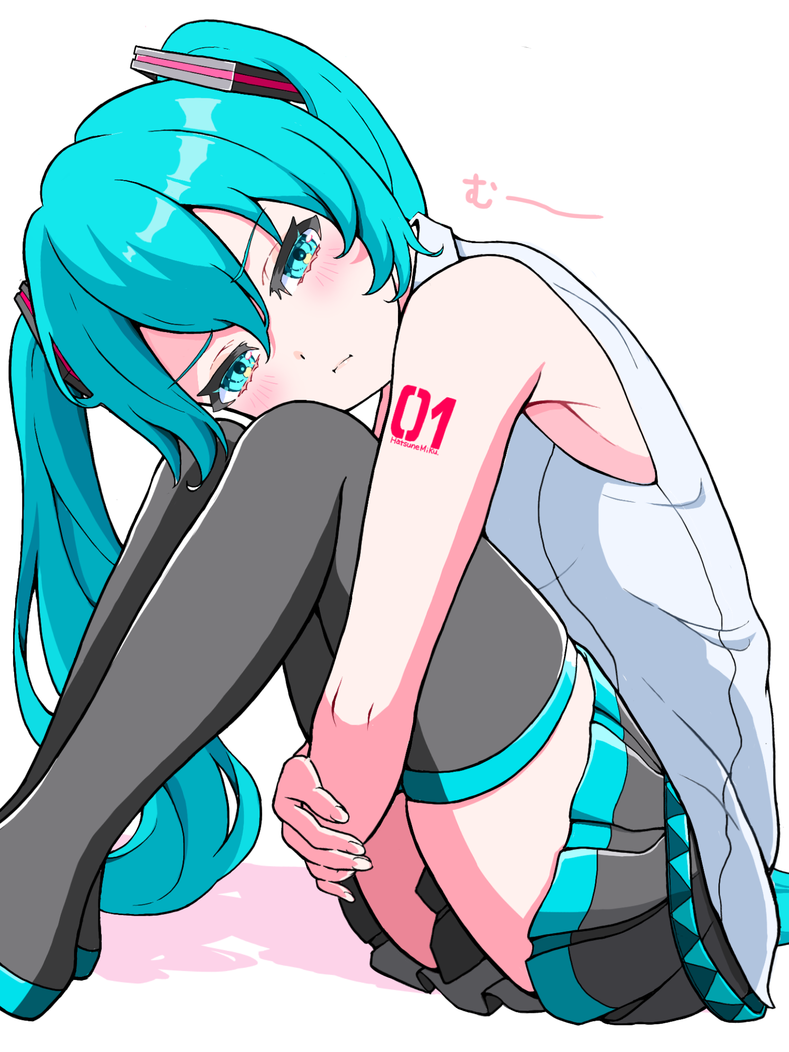 Safebooru - 1girl annoyed aqua eyes aqua hair boots collared shirt commentary dot nose from side ...
