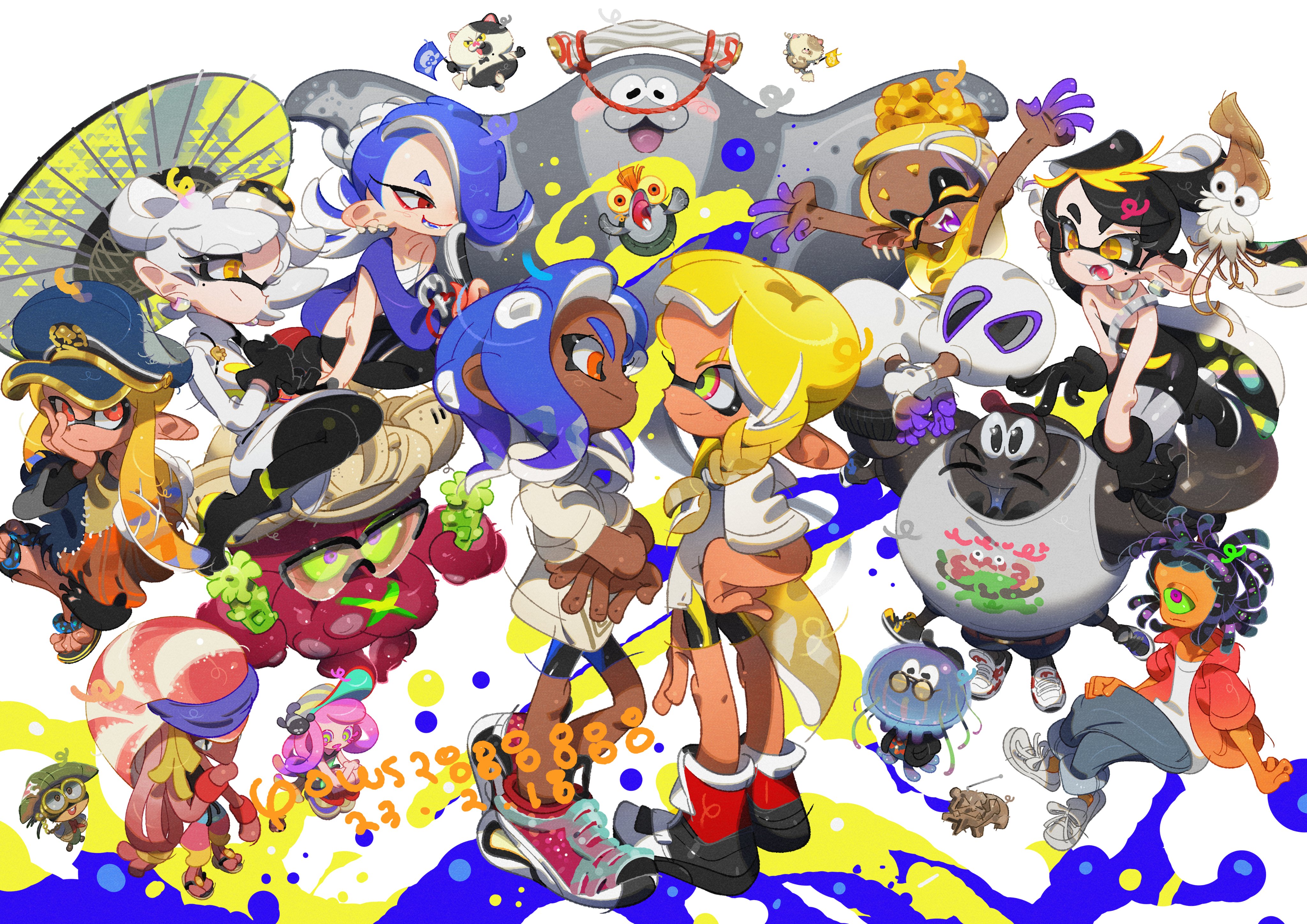 Safebooru - 6+boys 6+girls absurdres agent 3 (splatoon) arm at side ...