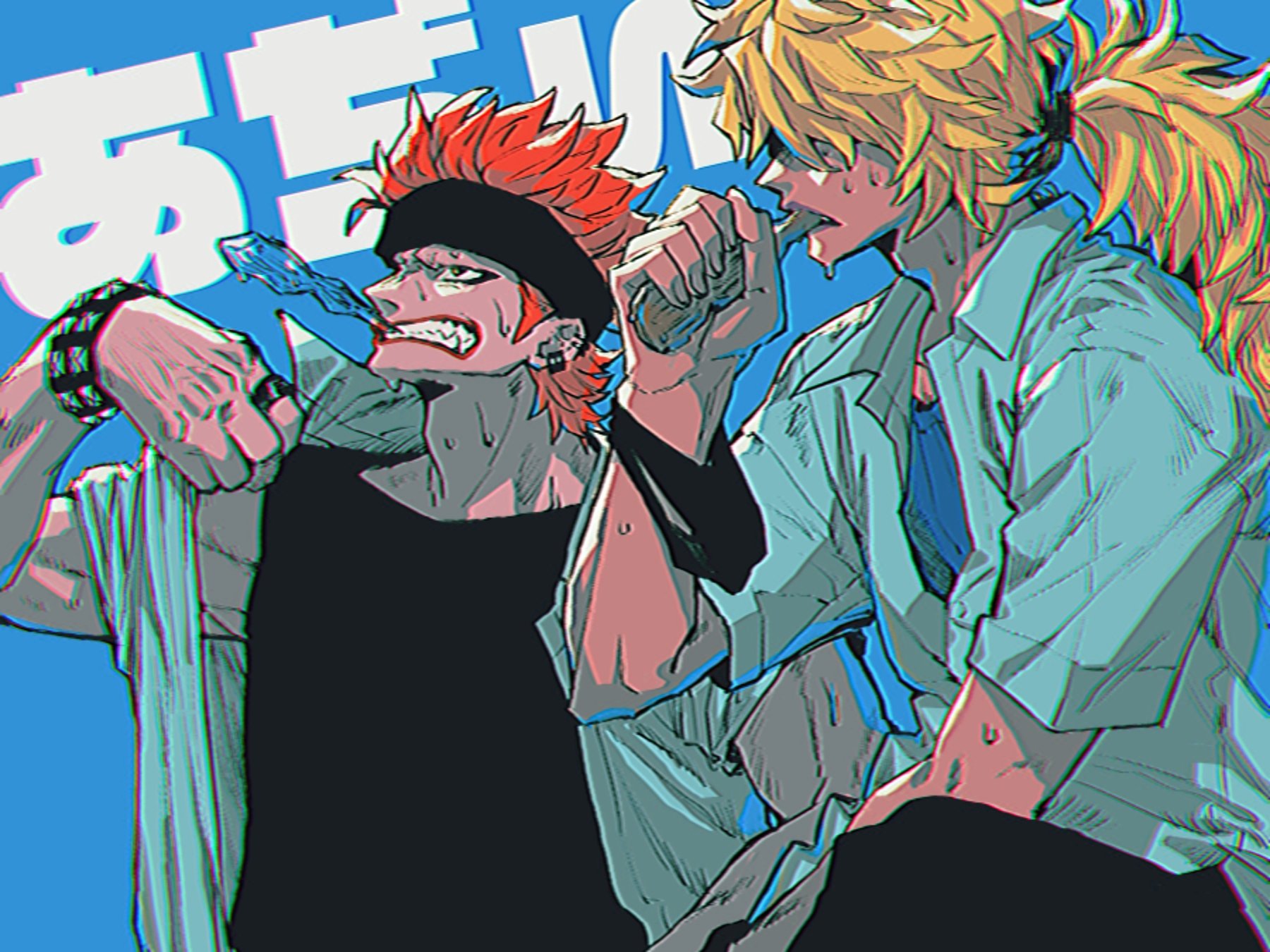 Safebooru - 2boys amemasu79 blonde hair blood blue background blue ...