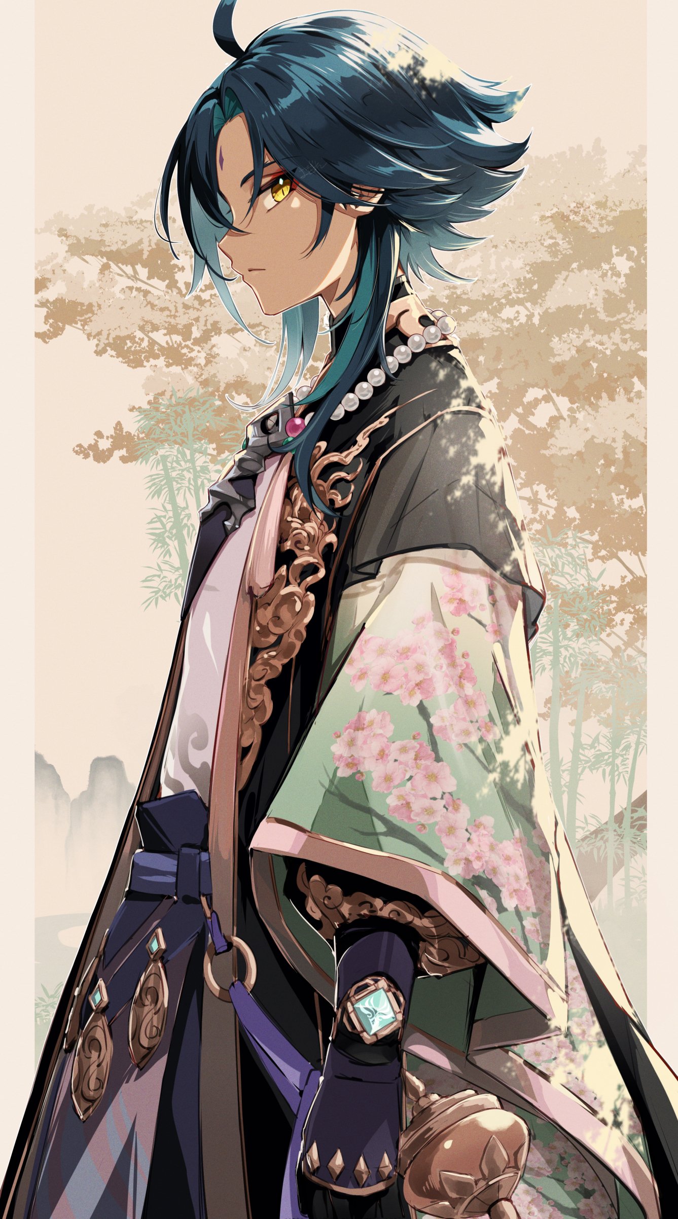 Safebooru - 1boy absurdres ahoge aqua hair bamboo bead necklace beads ...