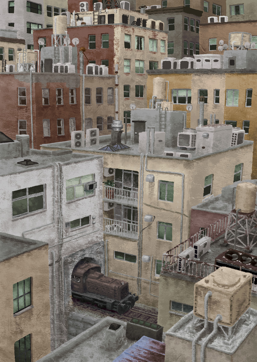 Safebooru - apartment balcony building city commentary request highres industrial pipe ladder ...