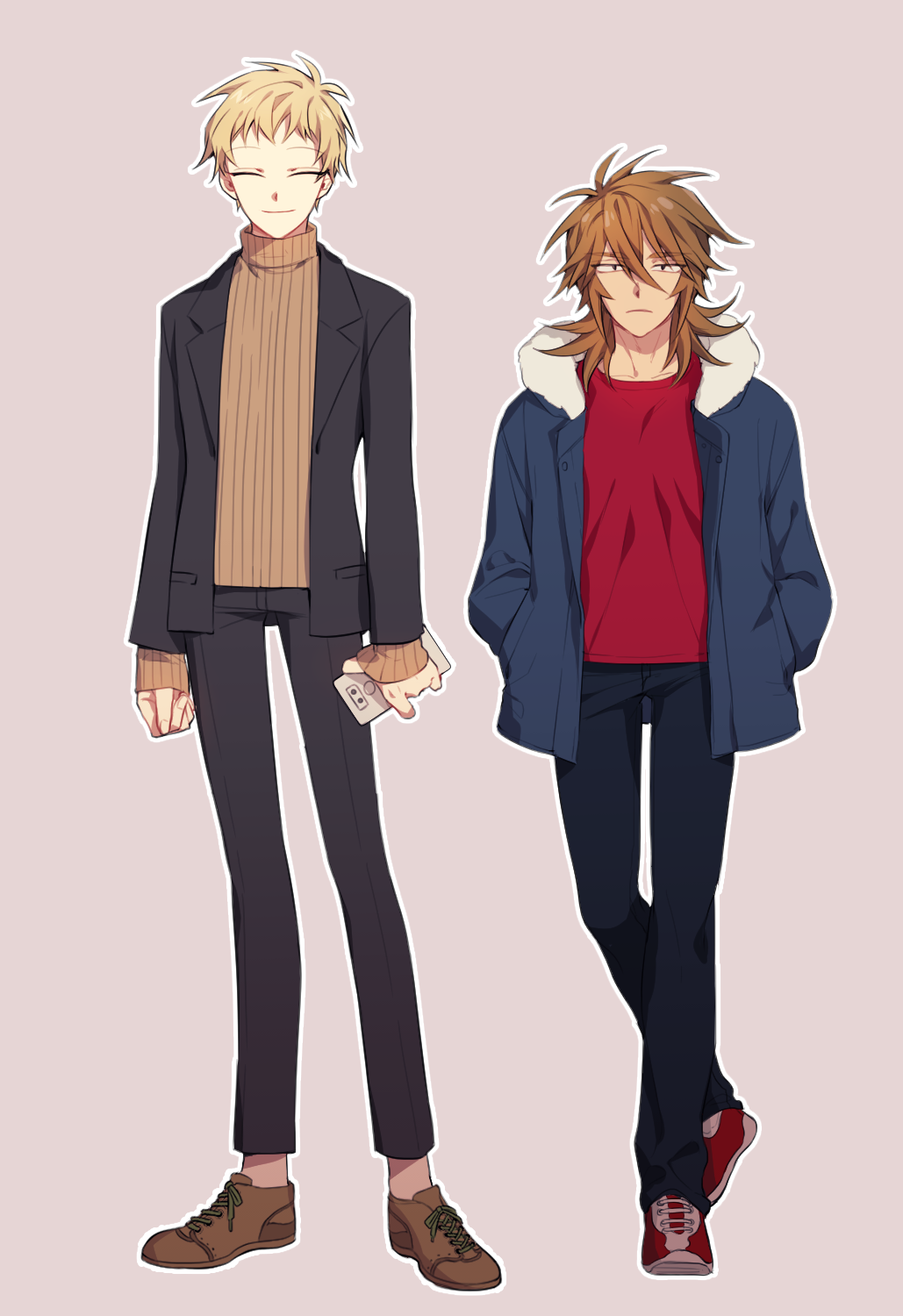 Safebooru - 2boys atou haruki black jacket black pants blonde hair blue jacket brown footwear ...