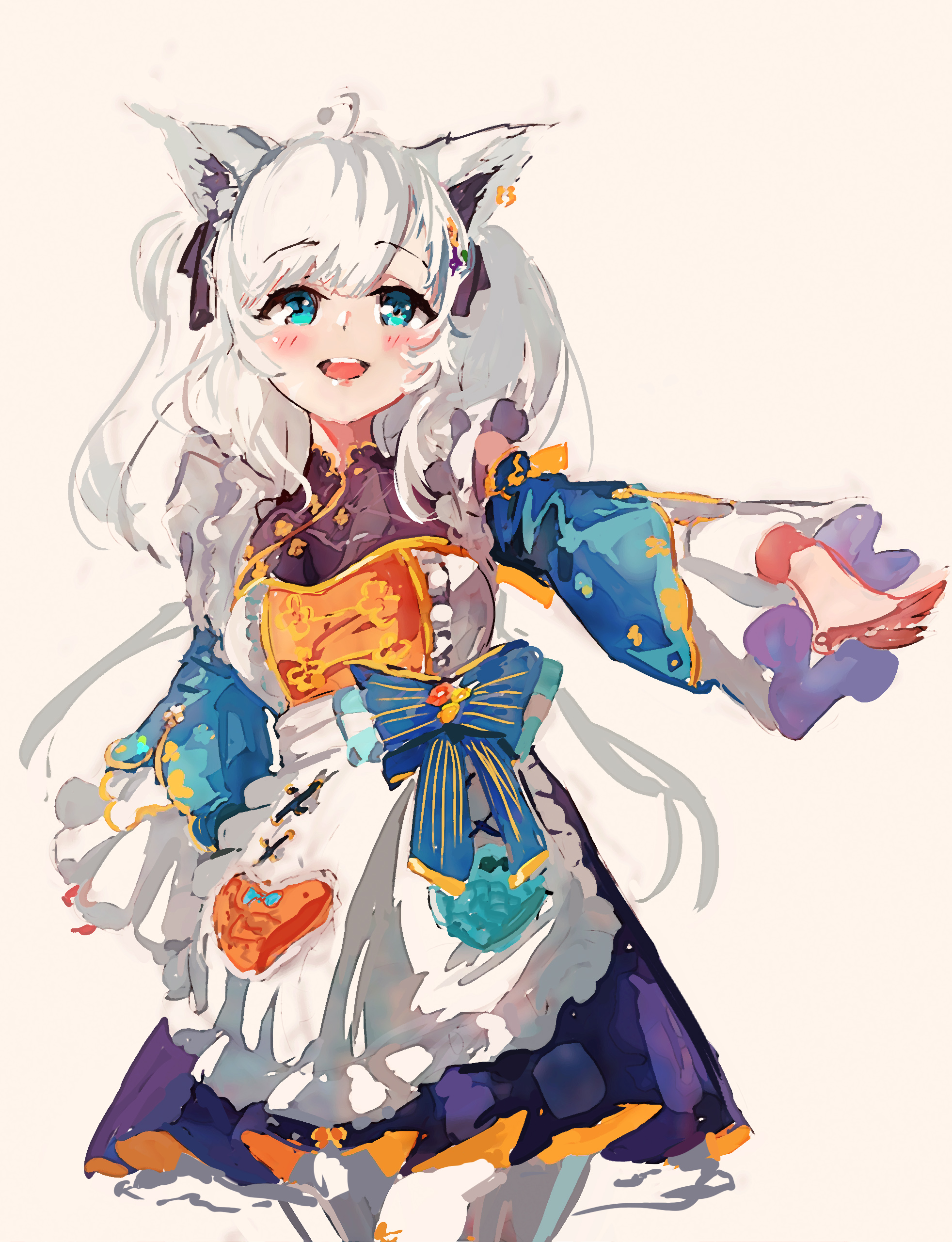 Safebooru - 1girl absurdres ahoge animal ear piercing animal ears apron aqua eyes black ribbon ...