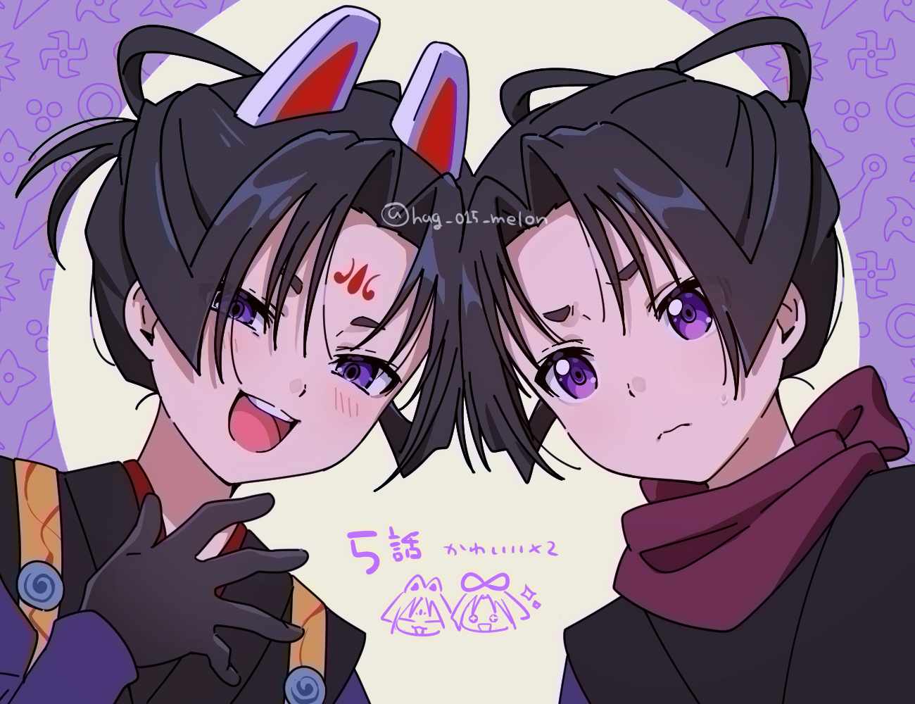 Safebooru - 2boys :d animal ears black gloves black hair blush border ...